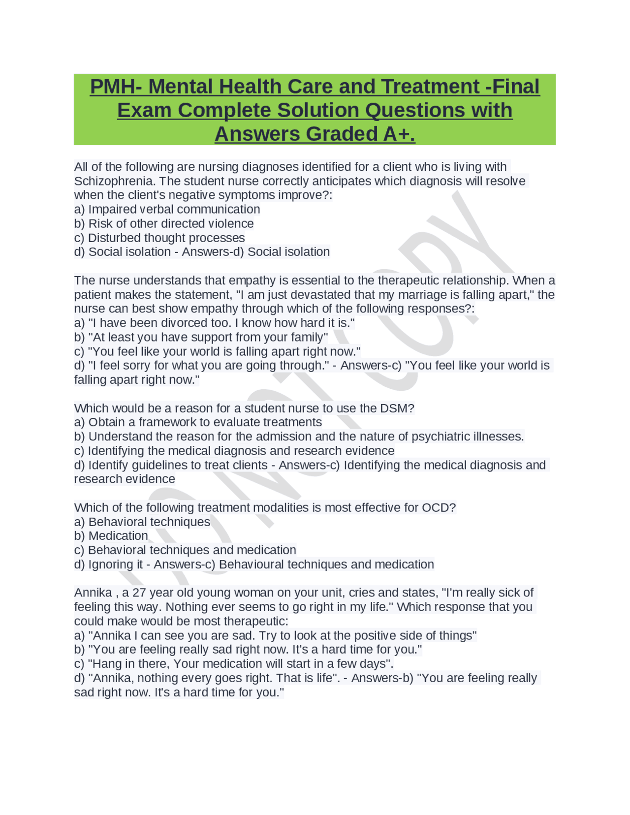 PMH- Mental Health Care and Treatment -Final Exam Complete Solution ...