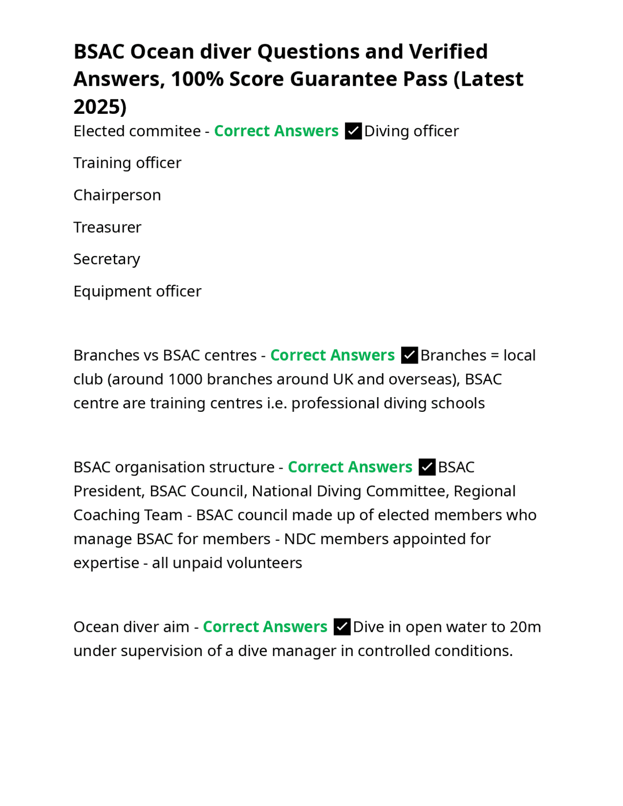 BSAC Ocean diver Questions and Verified Answers, 100% Score Guarantee ...