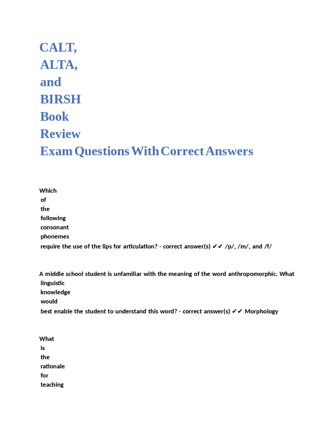 CALT, ALTA, and BIRSH Book Review Exam Questions With Correct Answers ...
