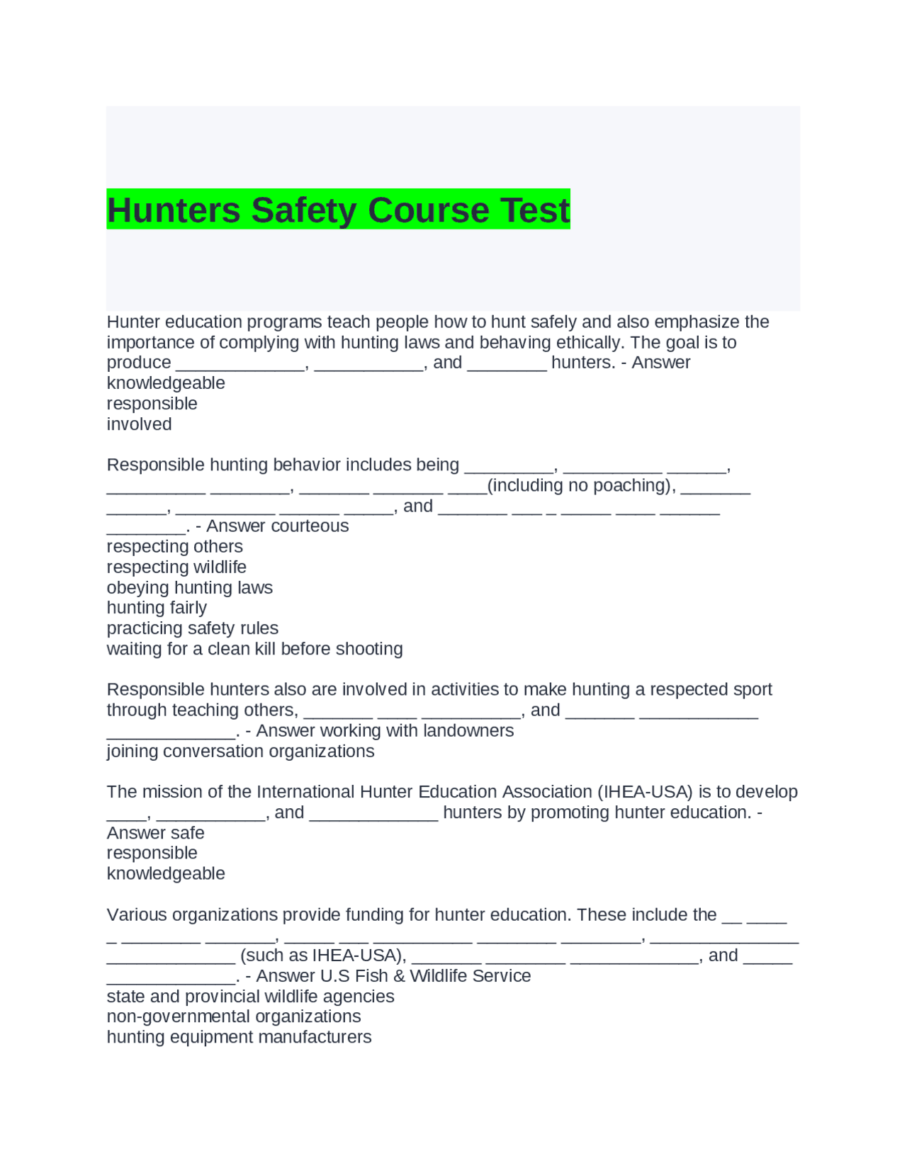 Hunters Safety Course Test Questions and Answers 2025-2026 | Exams ...