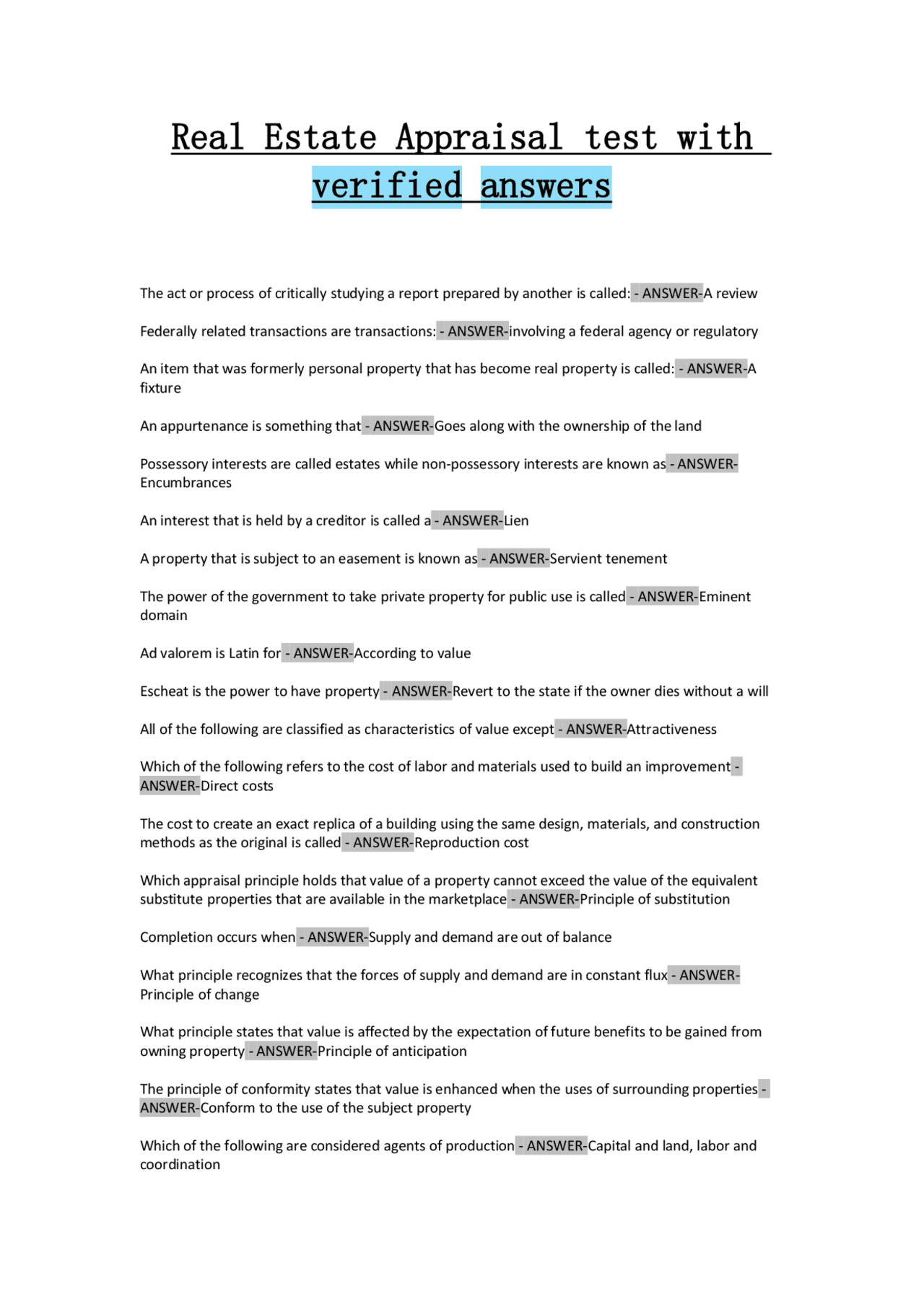 Real Estate Appraisal test with verified answers 2025 UPDATE AND ...