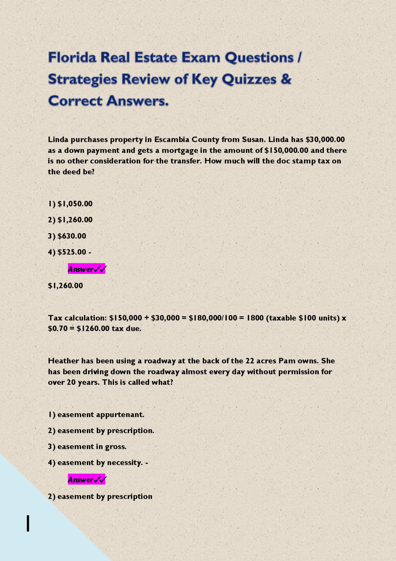 Florida Real Estate Exam Questions / Strategies Review of Key Quizzes ...