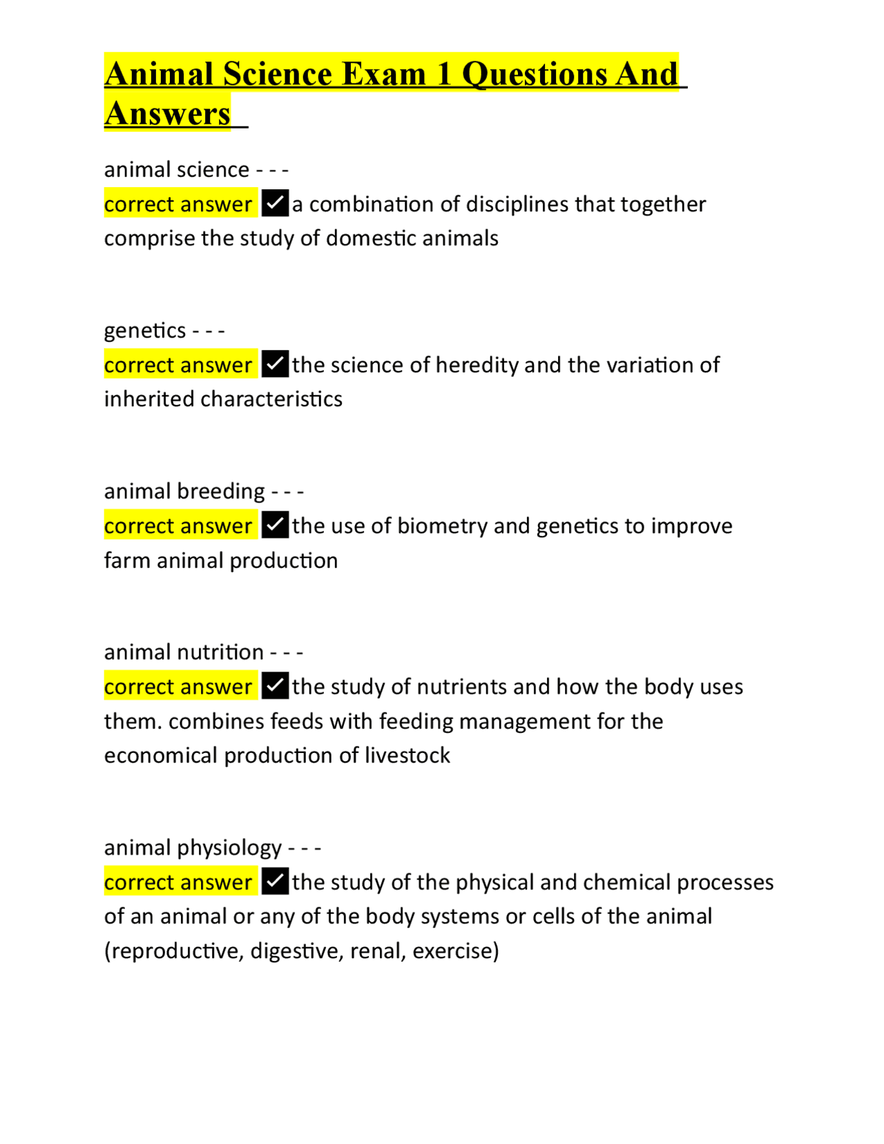 Animal Science Exam 1 Questions And Answers | Exams Advanced Education ...