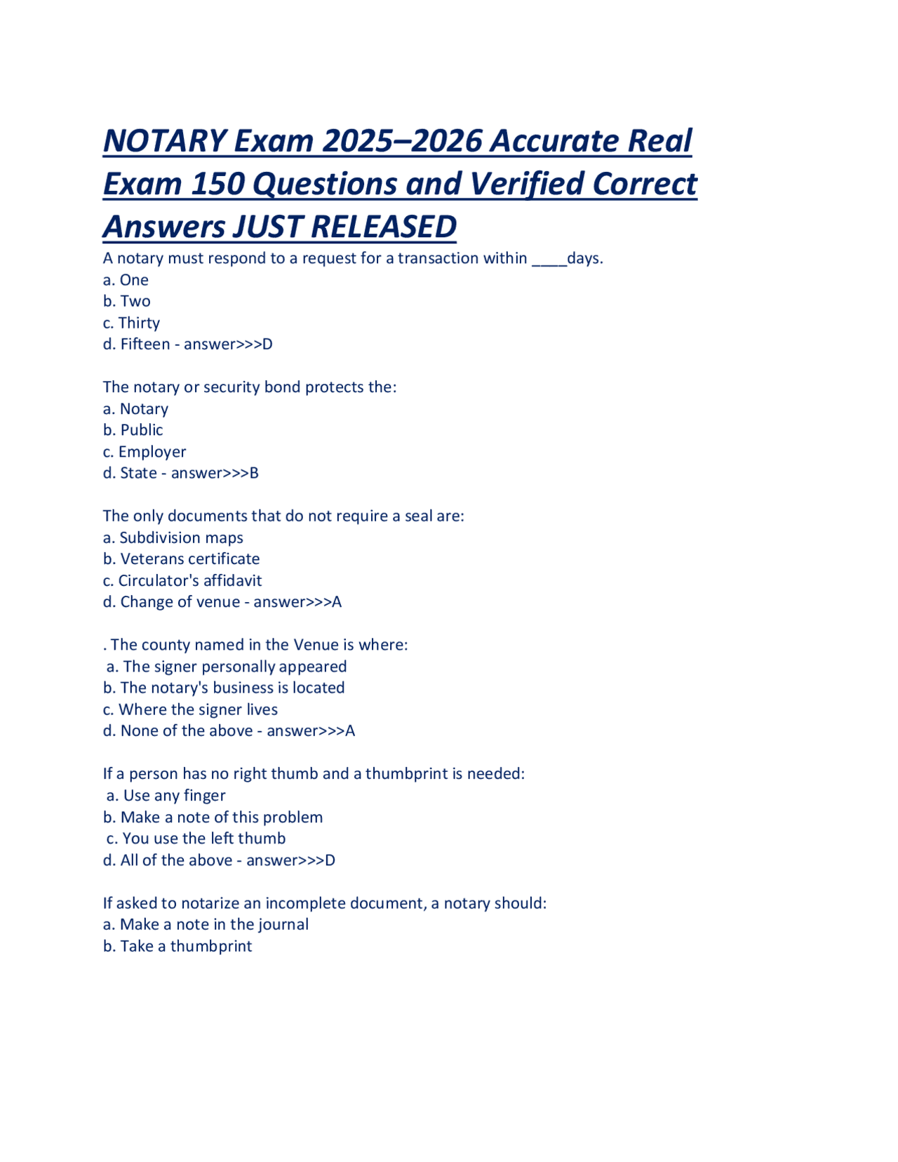 NOTARY Exam 2025–2026 Notarial Practice and Law Accurate Real Exam 150 ...
