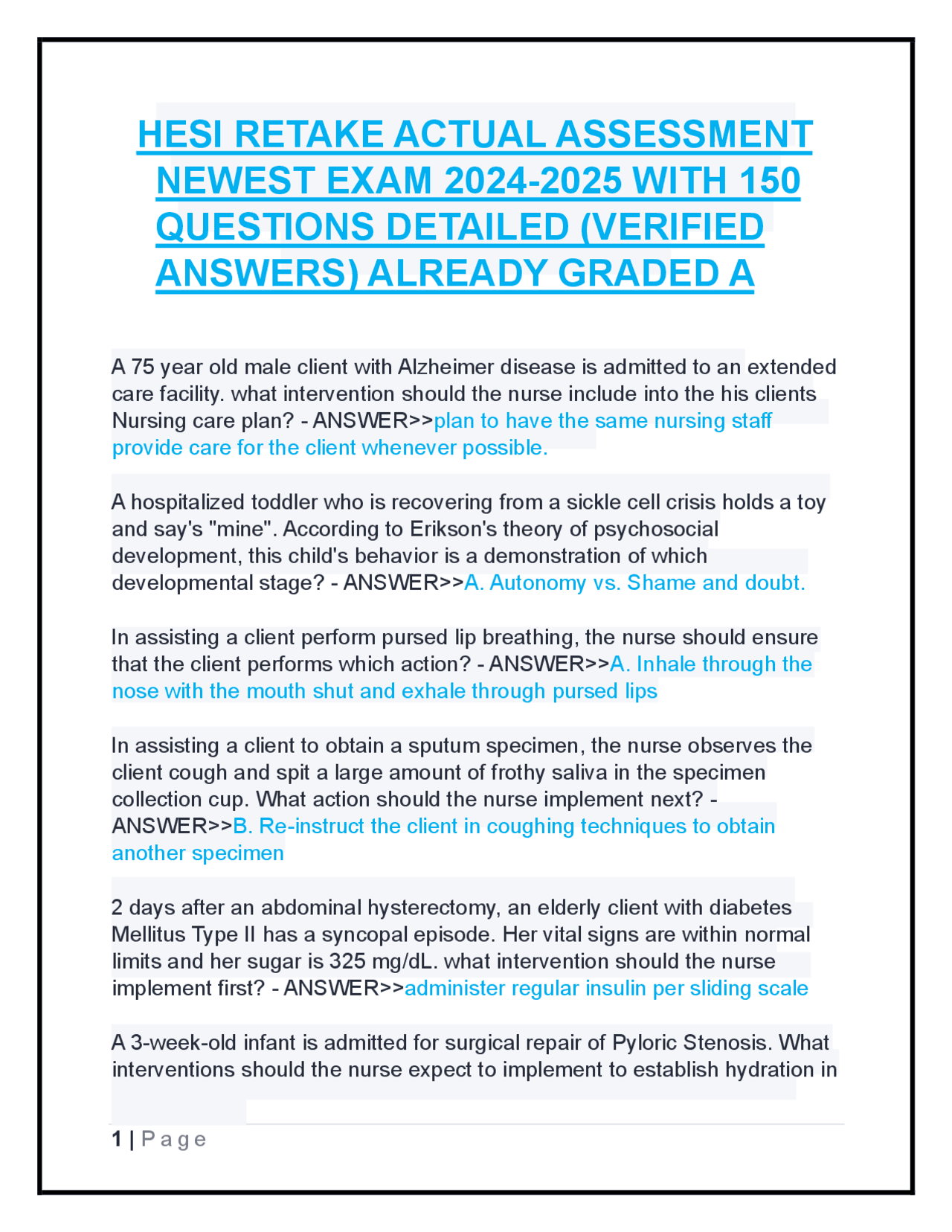 HESI RETAKE ACTUAL ASSESSMENT NEWEST EXAM 2024-2025 WITH 150 STRUCTURED ...