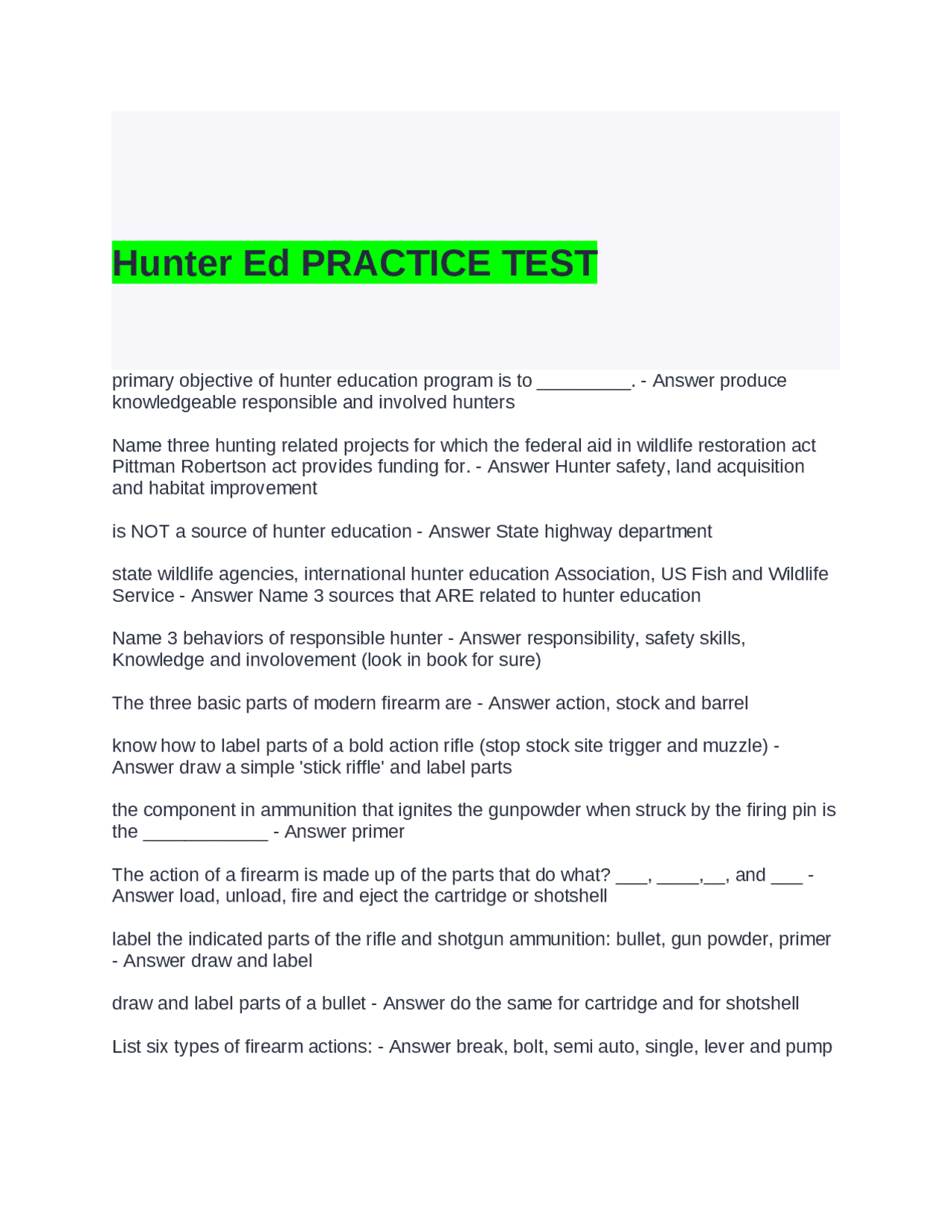 Hunter Ed PRACTICE TEST Questions and Answers | Exams Advanced ...