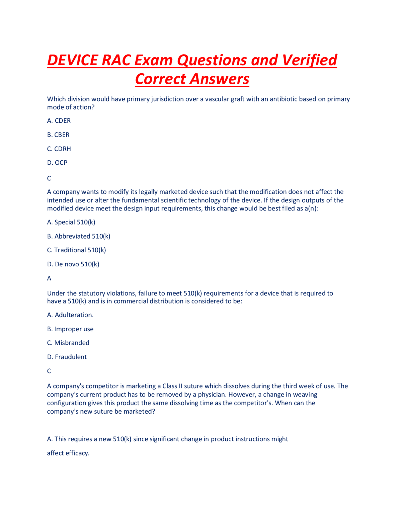 DEVICE RAC Exam Questions and Verified Correct Answers | Exams Nursing ...