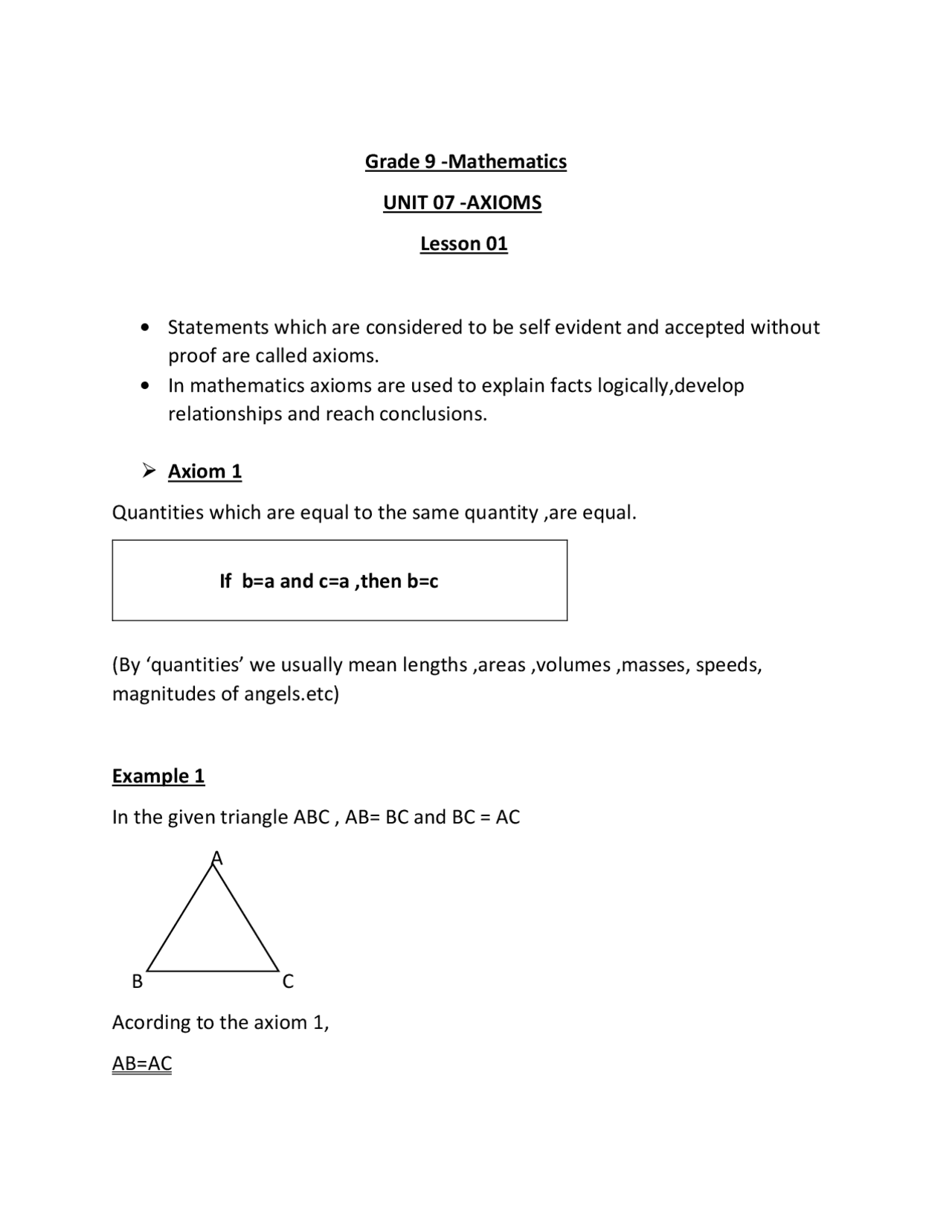 Math - UNIT 07 -AXIOMS | Exercises Mathematics | Docsity
