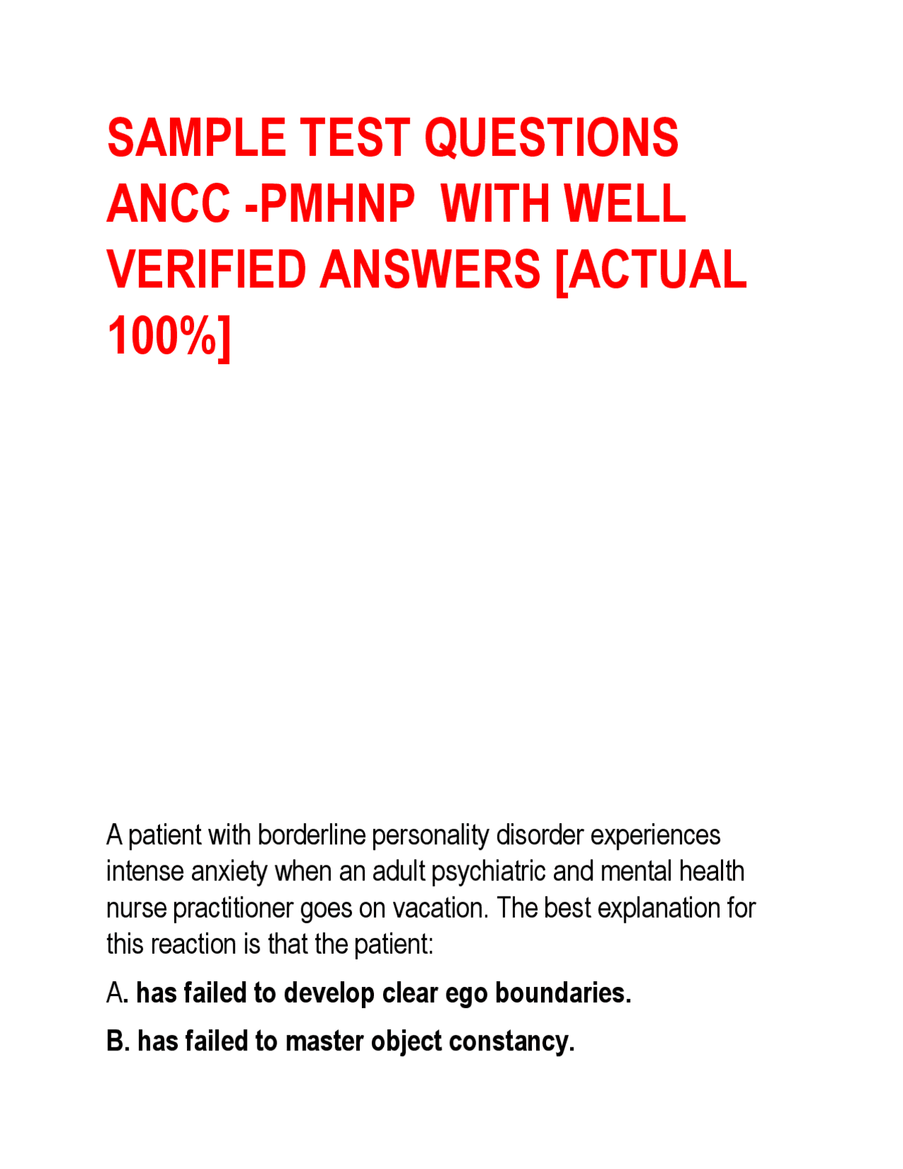 SAMPLE TEST QUESTIONS ANCC -PMHNP WITH WELL VERIFIED ANSWERS [ACTUAL ...