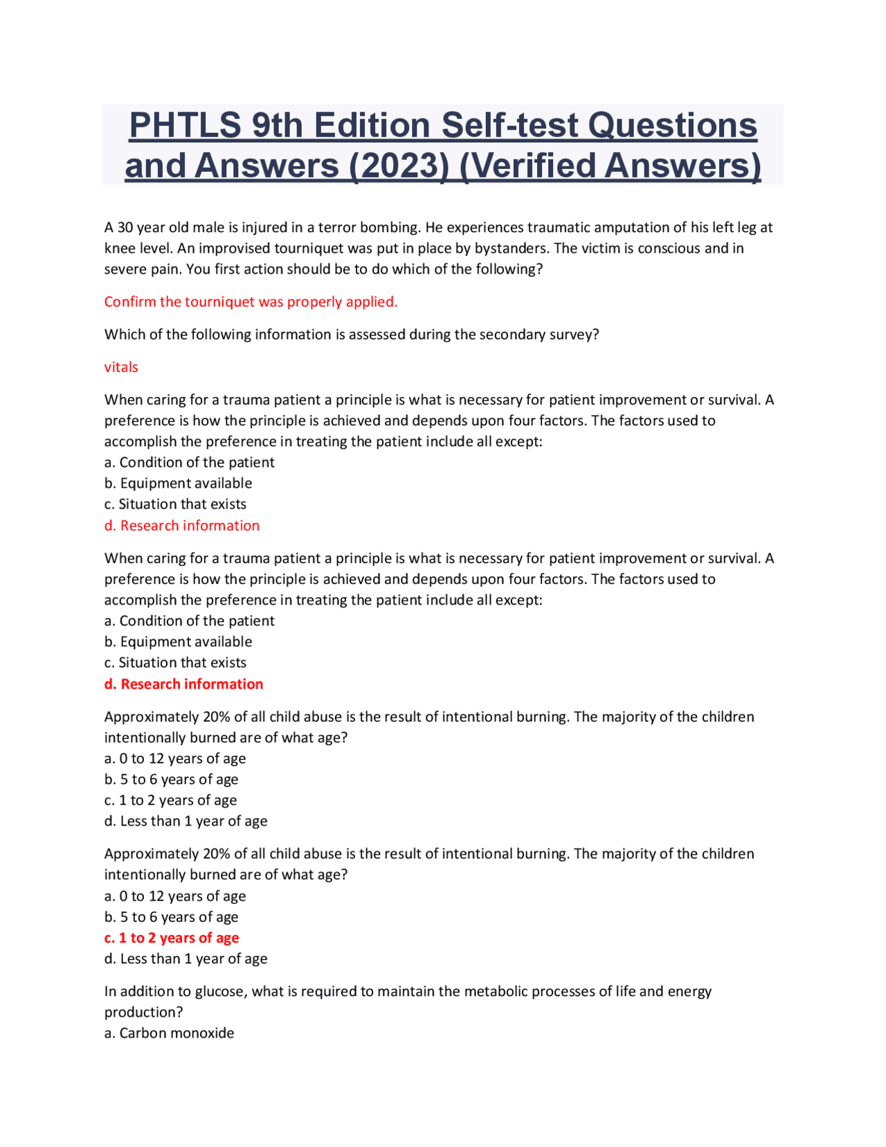 PHTLS 9th Edition Self-test Questions and Answers (2023) (Verified ...