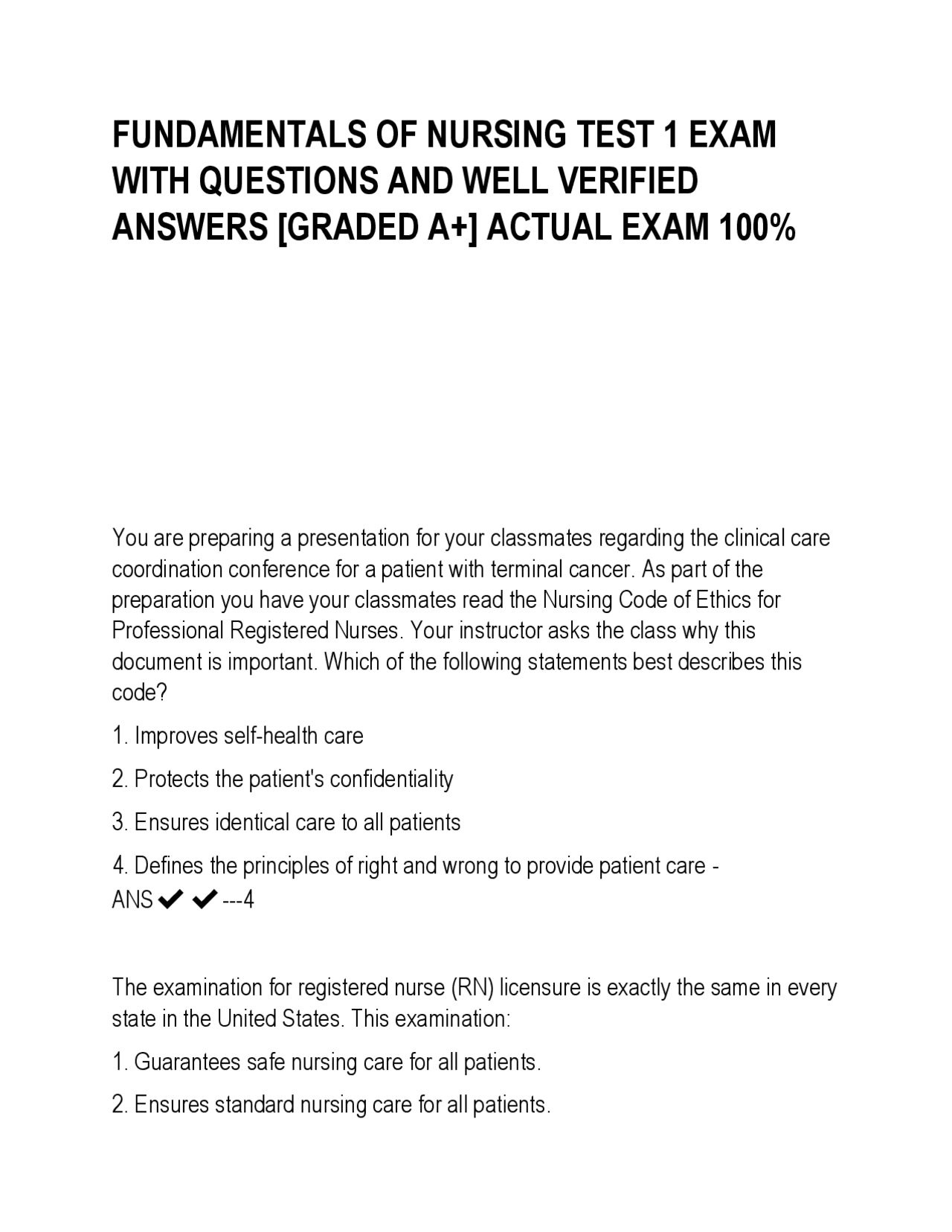 FUNDAMENTALS OF NURSING TEST 1 EXAM WITH QUESTIONS AND WELL VERIFIED ...