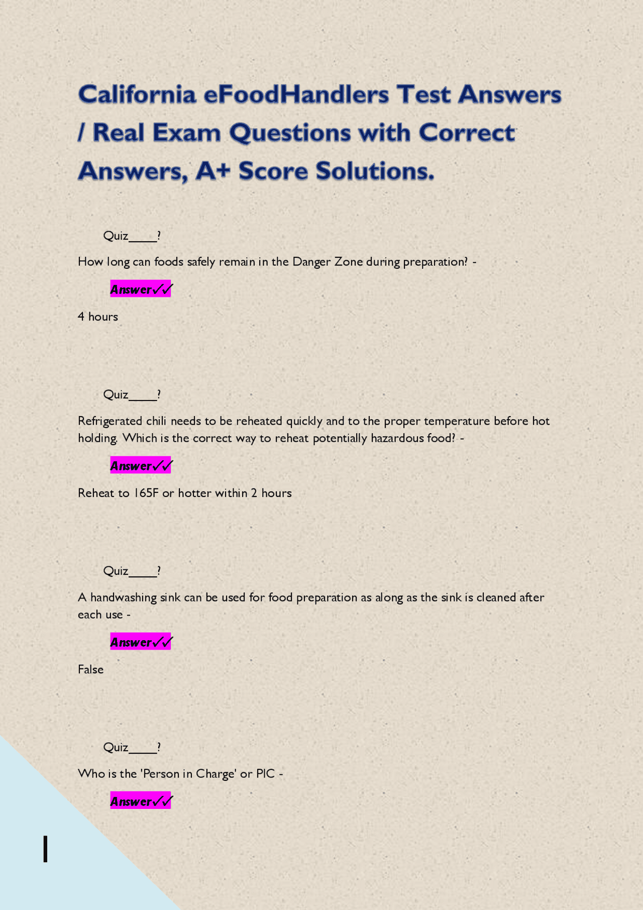 California eFoodHandlers Test Answers / Real Exam Questions with ...
