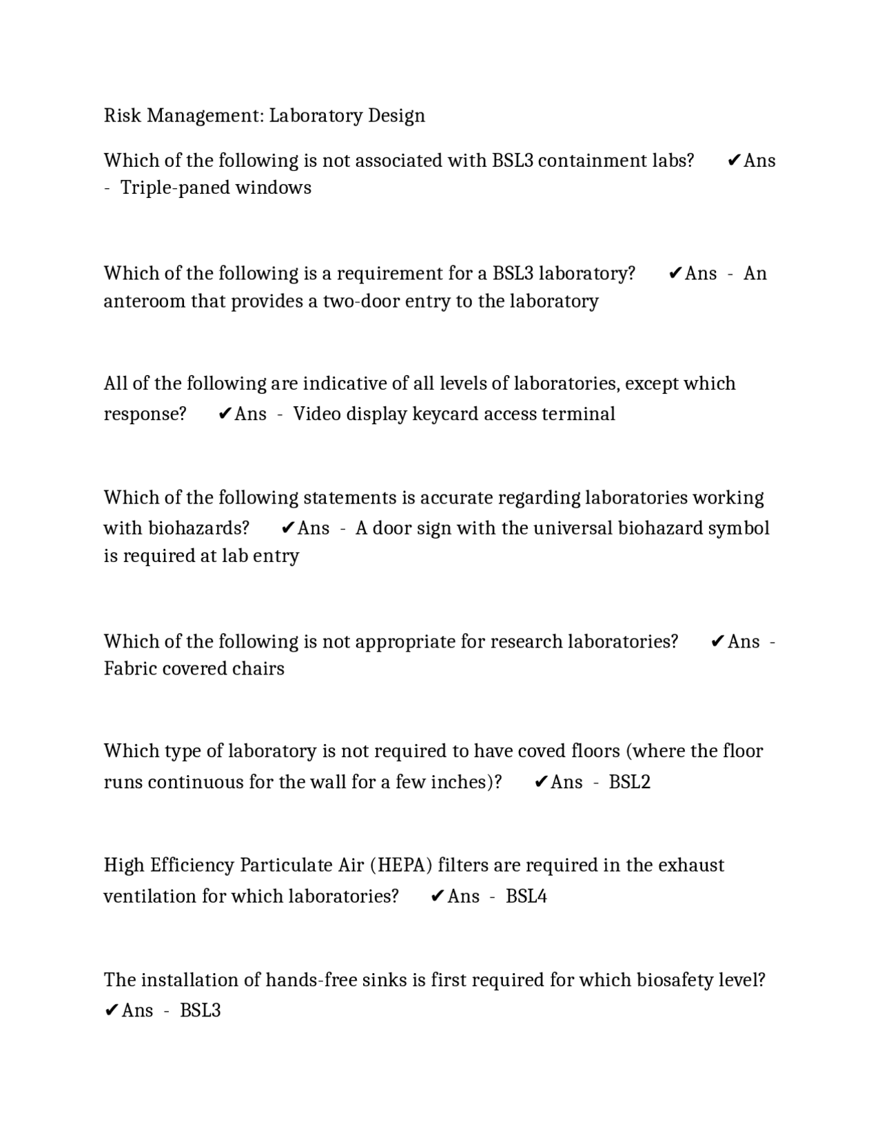 Risk Management: Laboratory Design | Exams Public Health | Docsity