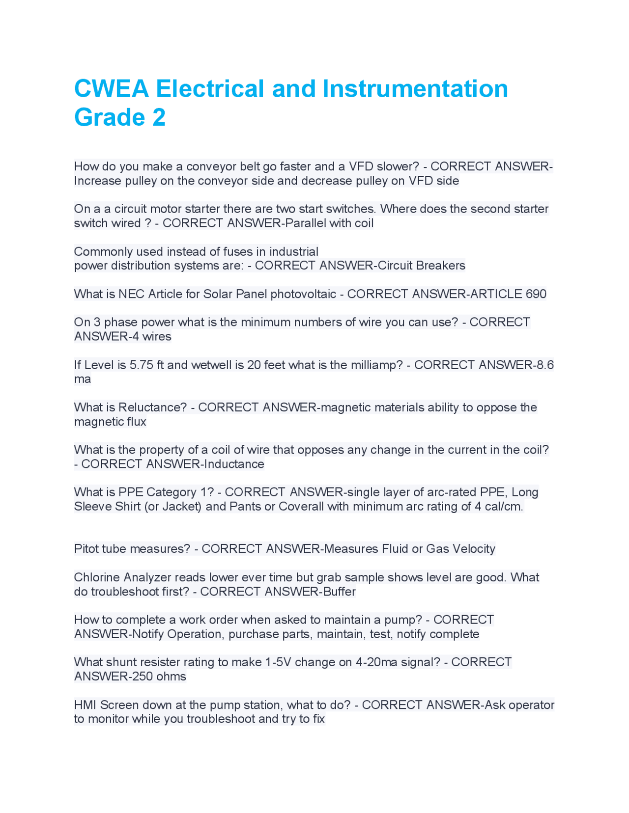 CWEA Electrical and Instrumentation Grade 2 Questions & Answers Already ...