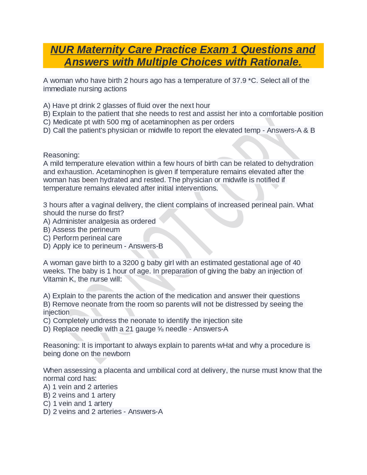 NUR Maternity Care Practice Exam 1 Questions and Answers with Multiple ...