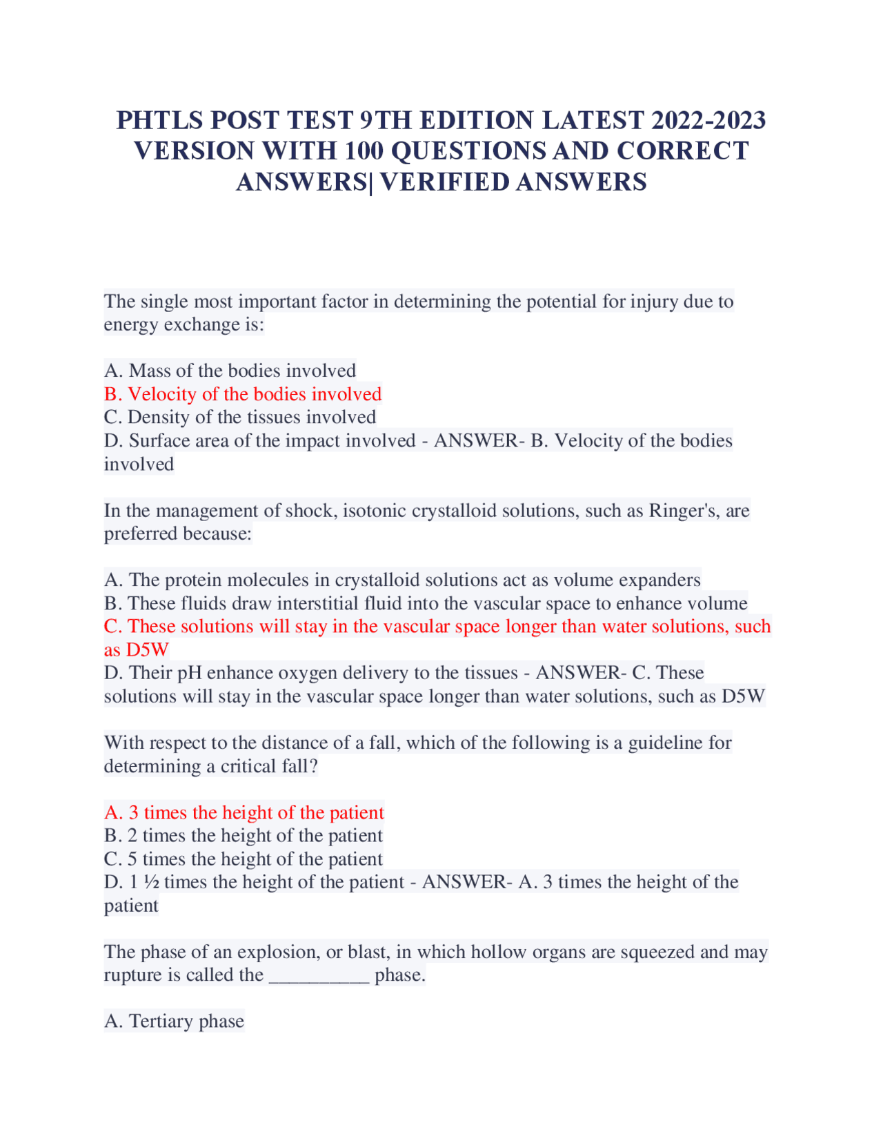 PHTLS POST TEST 9TH EDITION LATEST 2022-2023 VERSION WITH 100 QUESTIONS ...