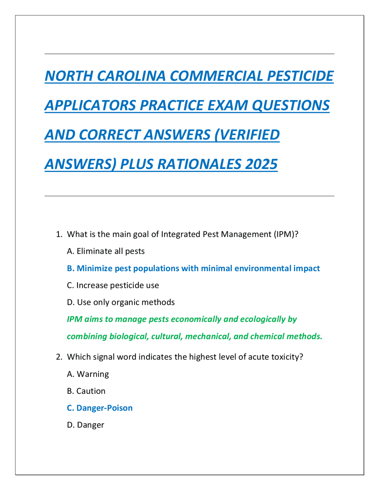 NC Commercial Pesticide Applicator Exam Prep 2025: Practice Questions & Answers | Exams ...