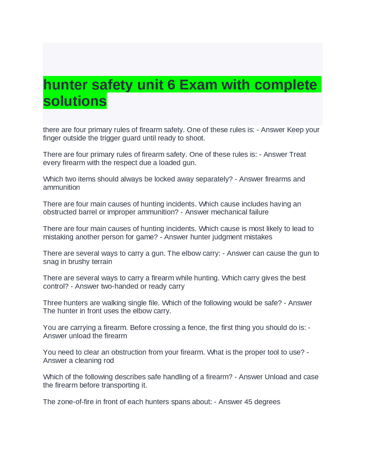 hunter safety unit 6 Exam with complete solutions | Exams Advanced ...