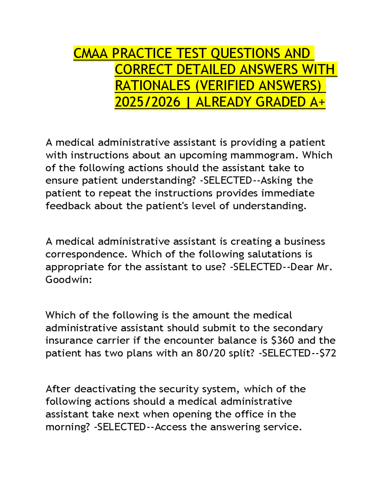 CMAA Practice Test Questions 2025/2026: Medical Administrative ...