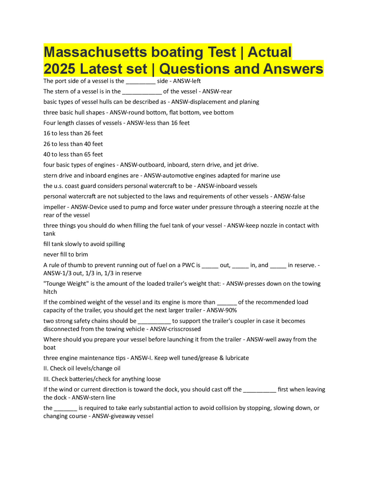 Massachusetts boating Test | Actual 2025 Latest set | Questions and ...