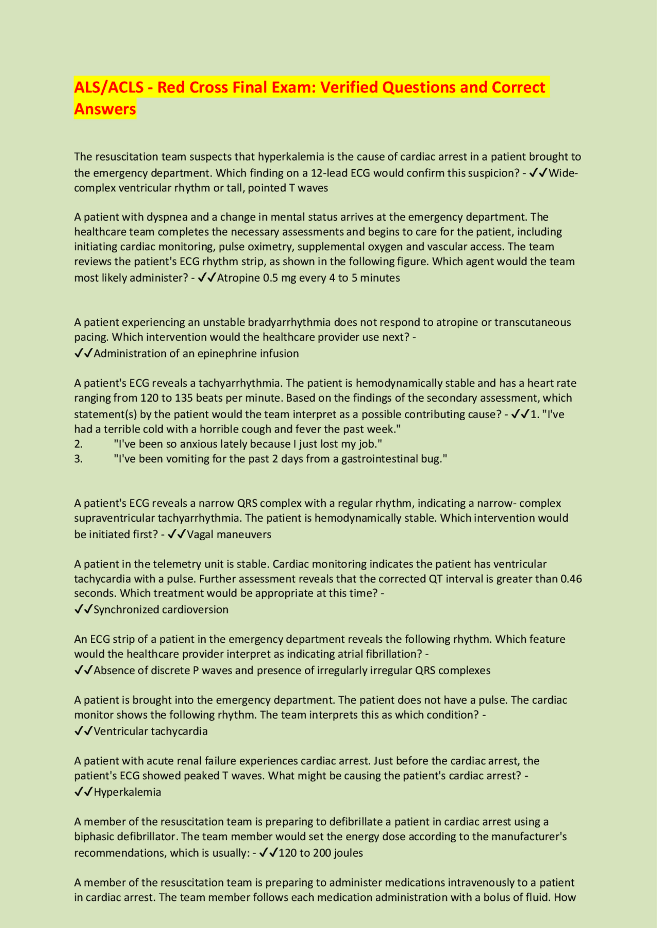 ALS/ACLS - Red Cross Final Exam: Verified Questions and Correct Answers ...