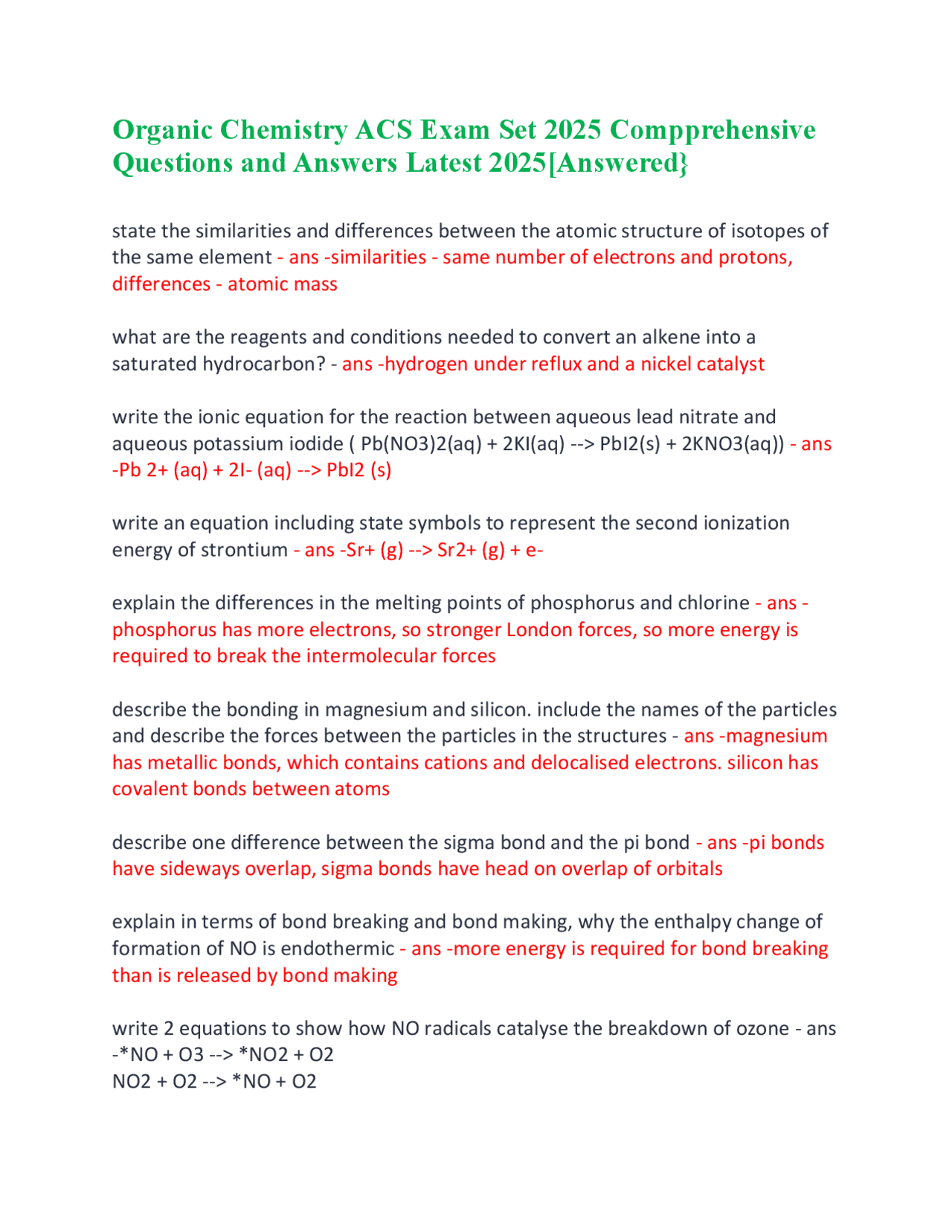 Organic Chemistry ACS Exam Set 2025 Comprehensive Questions and Answers ...
