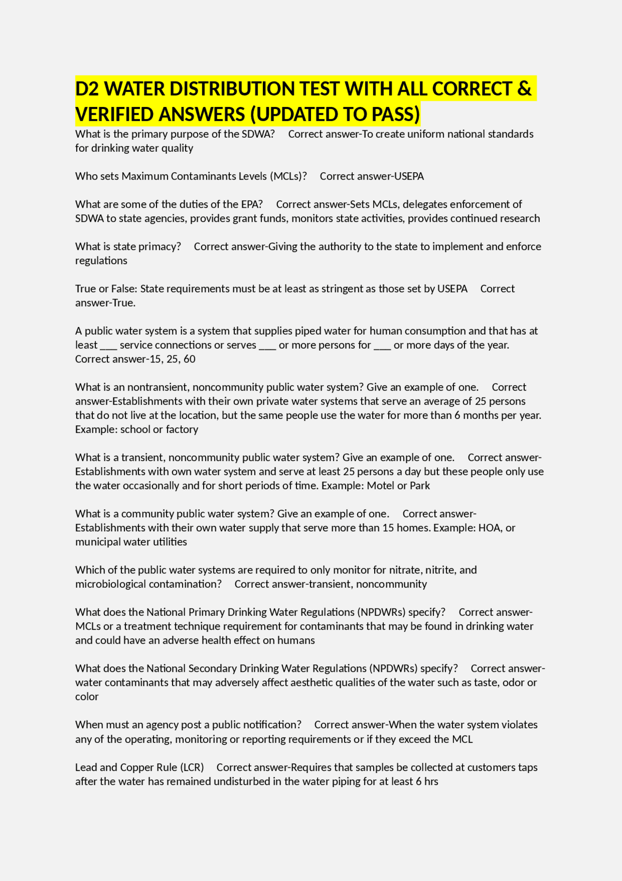 D2 WATER DISTRIBUTION TEST WITH ALL CORRECT & VERIFIED ANSWERS (UPDATED ...