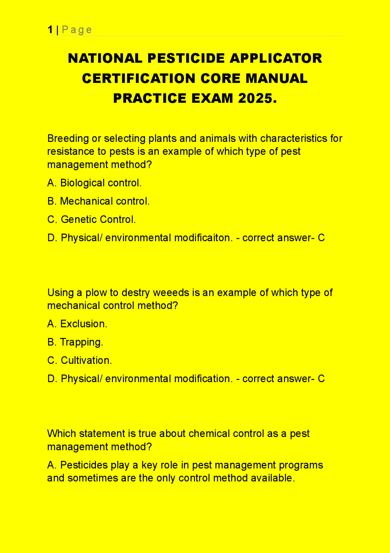 NATIONAL PESTICIDE APPLICATOR CERTIFICATION CORE MANUAL PRACTICE EXAM ...