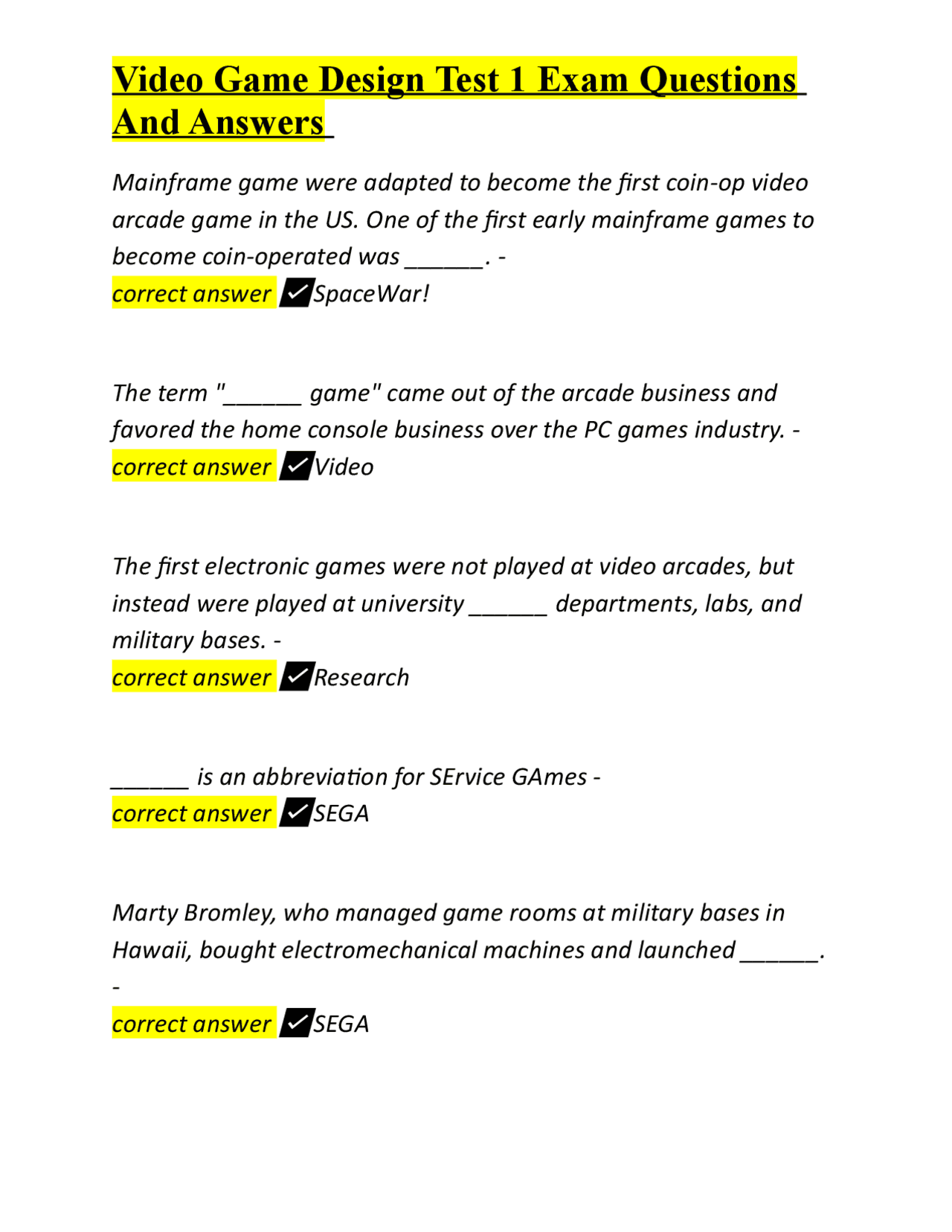 Video Game Design Test 1 Exam Questions And Answers. | Exams Advanced ...
