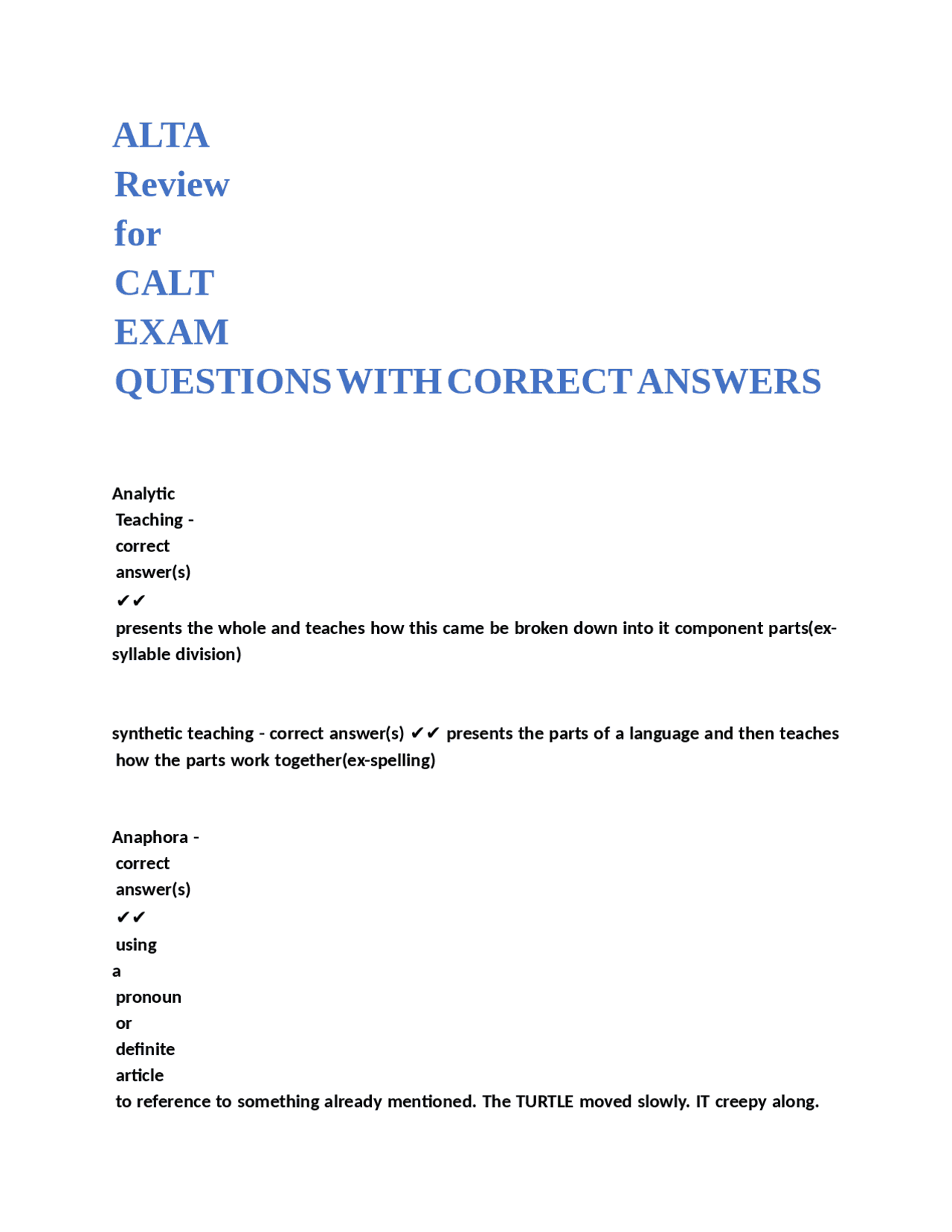 ALTA Review for CALT EXAM QUESTIONS WITH CORRECT ANSWERS | Exams ...