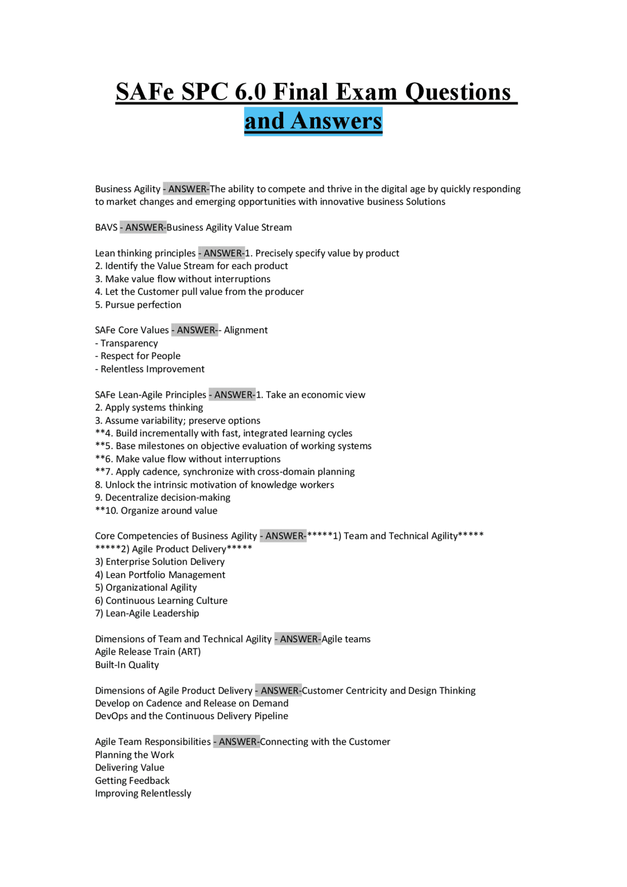 SAFe SPC6.0 Final Exam Questions and Answers 2025 | Exams Computer ...