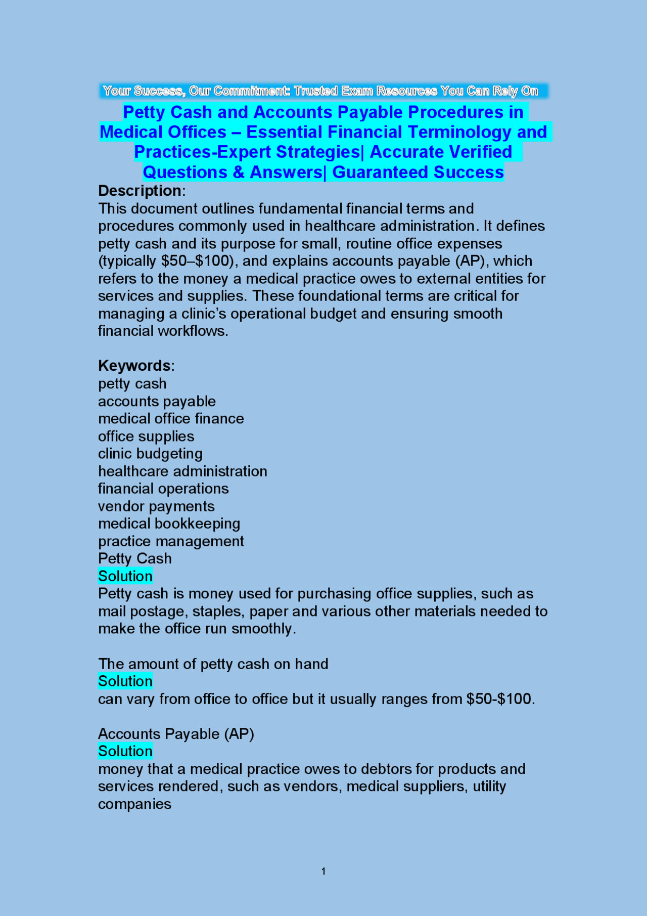 Petty Cash and Accounts Payable Procedures in Medical Offices | Exams ...