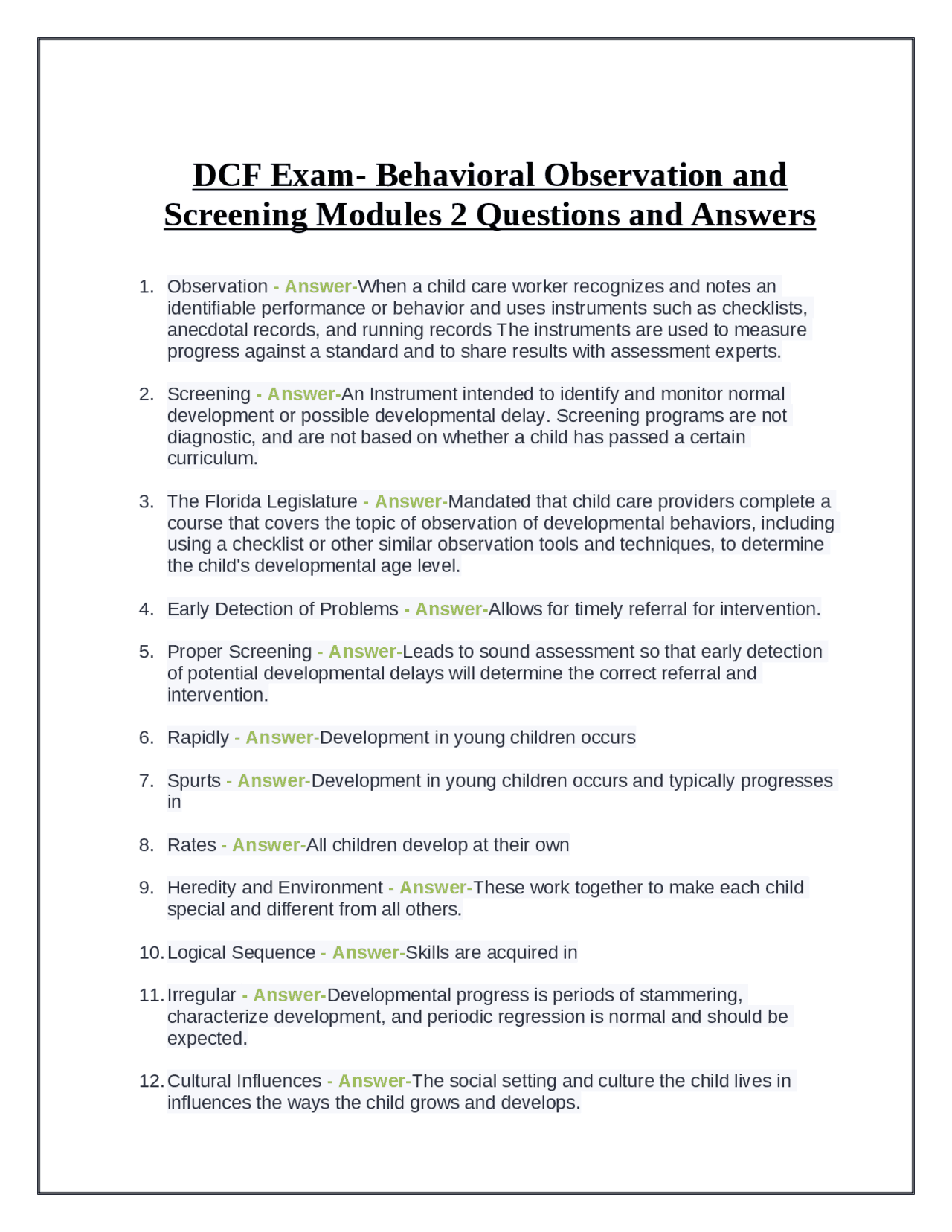 DCF Exam- Behavioral Observation and Screening Modules 2 Questions and ...