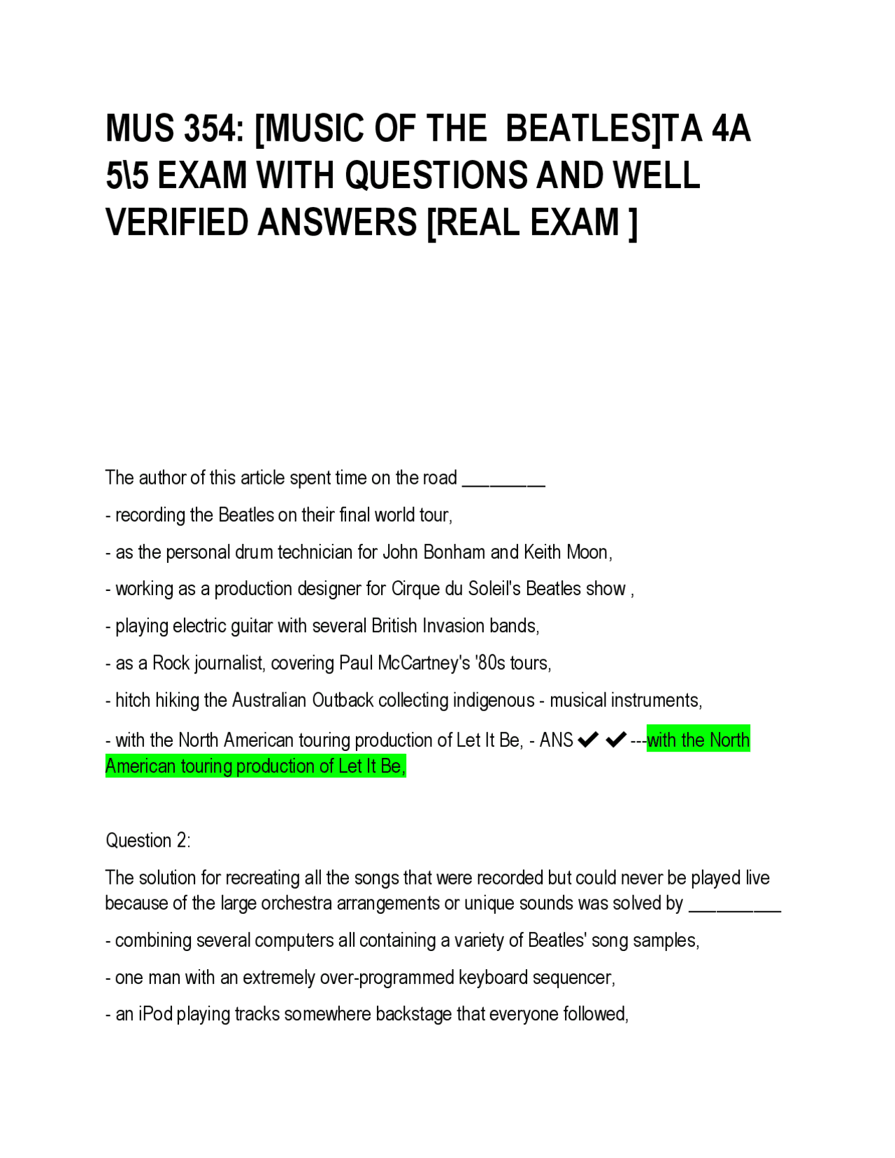 MUS 354: [MUSIC OF THE BEATLES]TA 4A 5\5 EXAM WITH QUESTIONS AND WELL ...