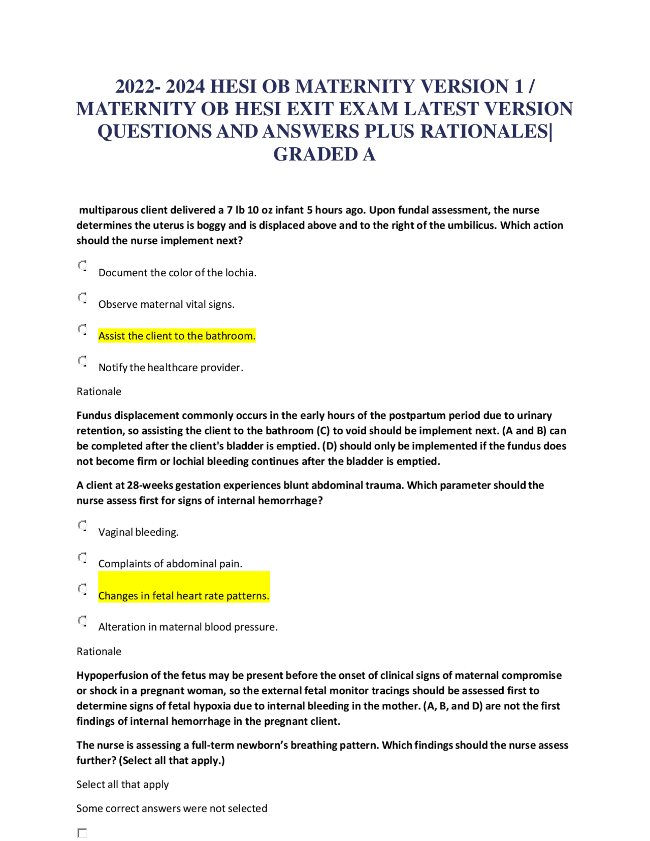 2022- 2024 HESI OB MATERNITY VERSION 1 / MATERNITY OB HESI EXIT EXAM ...