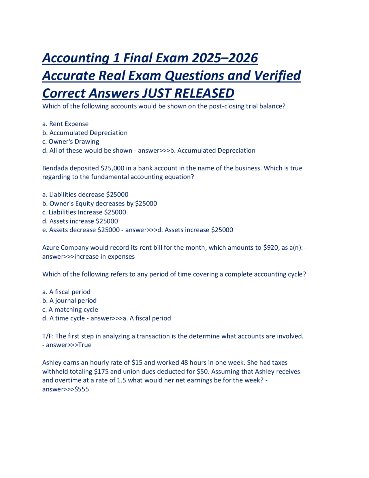 Accounting 1 Final Exam 2025–2026 Introductory Accounting Accurate Real ...