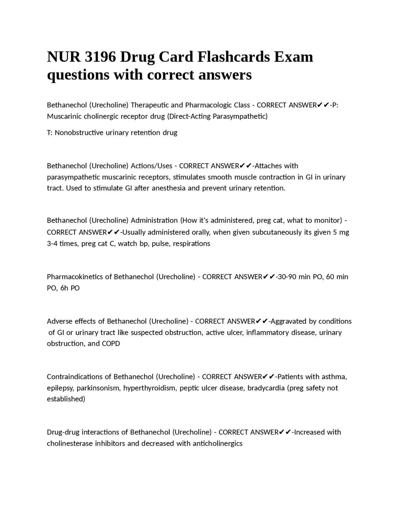 NUR 3196 Drug Card Flashcards Exam questions with correct answers ...