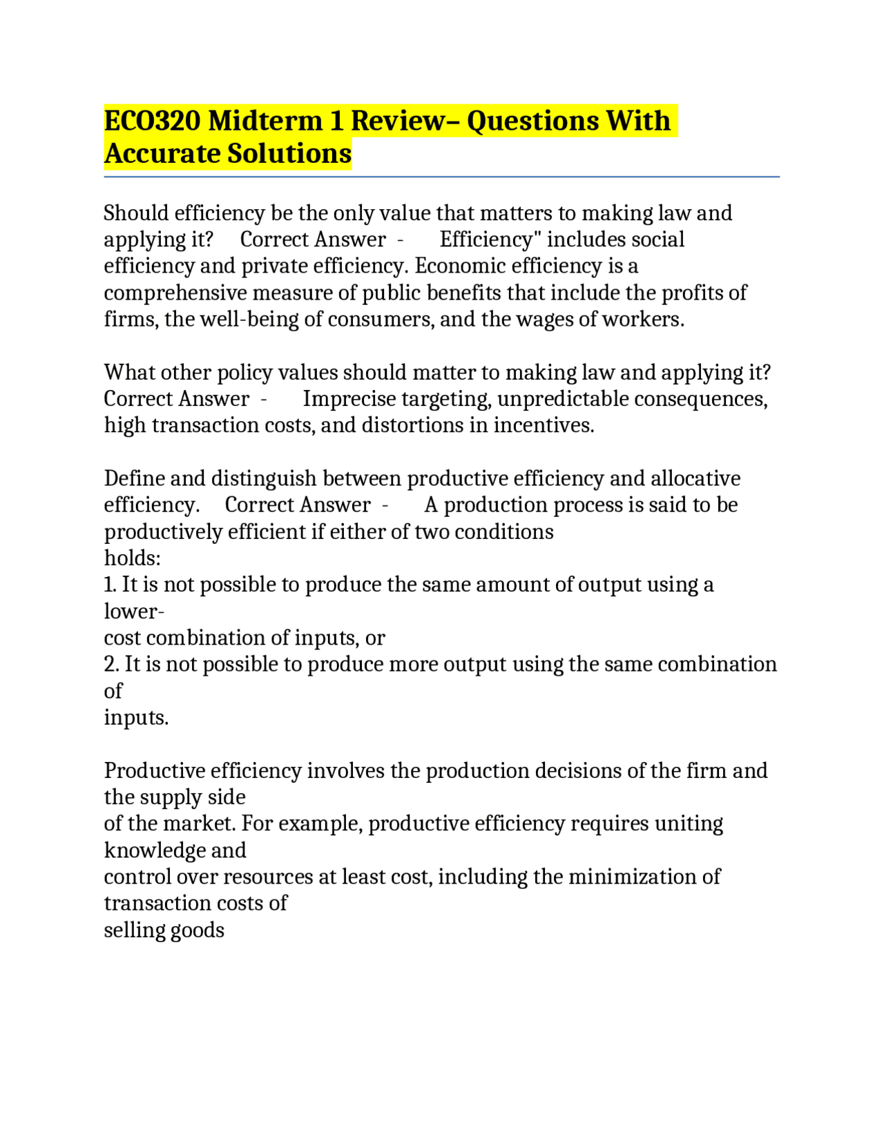 ECO320 Midterm 1 Review– Questions With Accurate Solutions | Exams ...