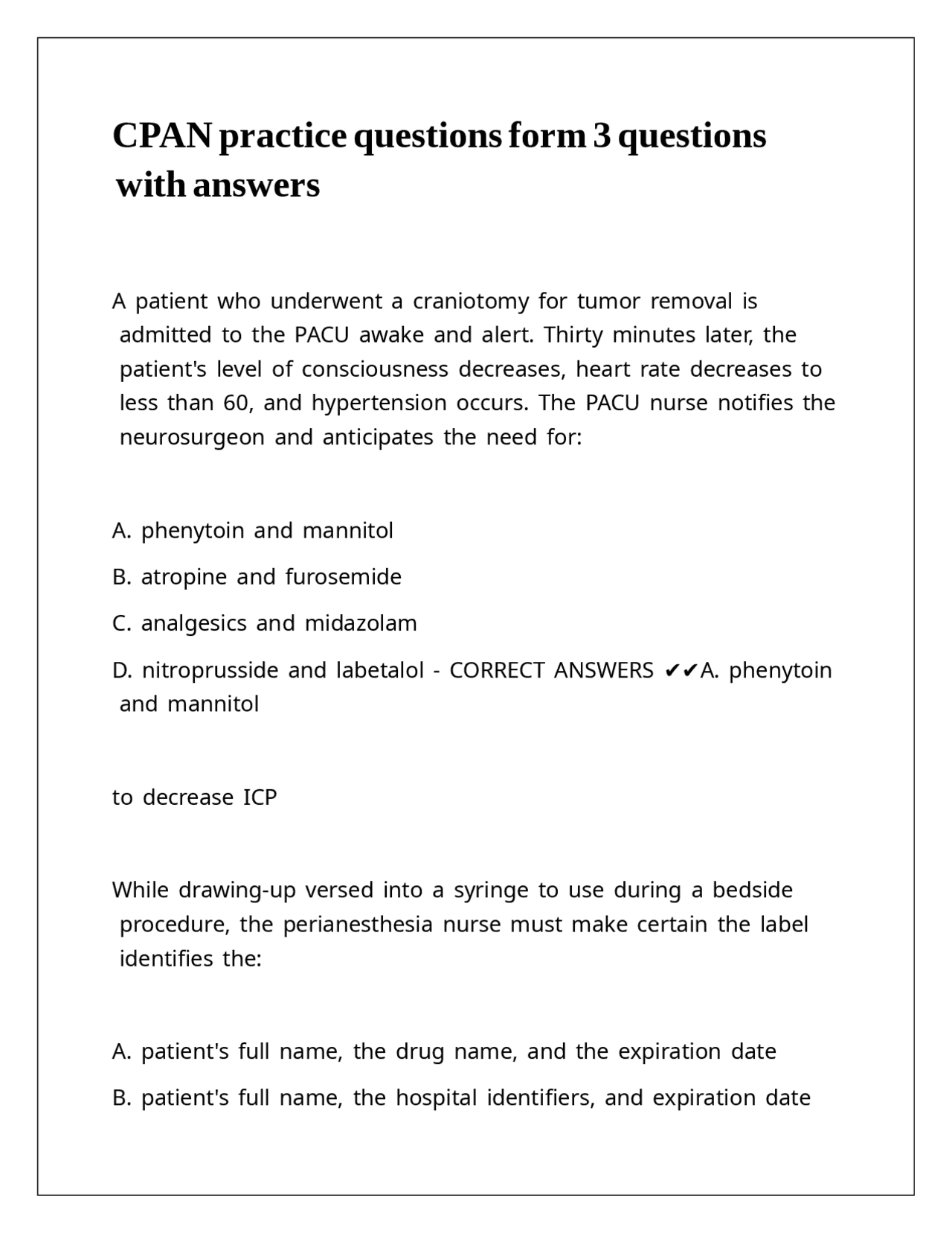 CPAN practice questions form 3 questions with answers | Exams Nursing ...