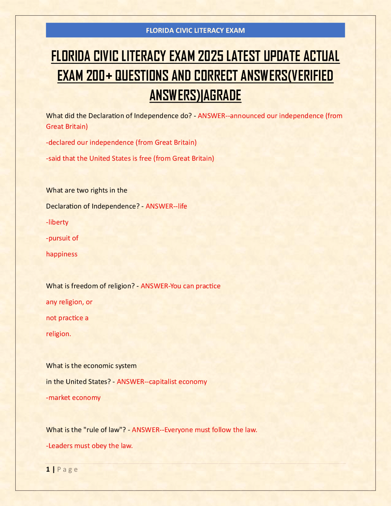 FLORIDA CIVIC LITERACY EXAM 2025 LATEST UPDATE ACTUAL EXAM 200 ...