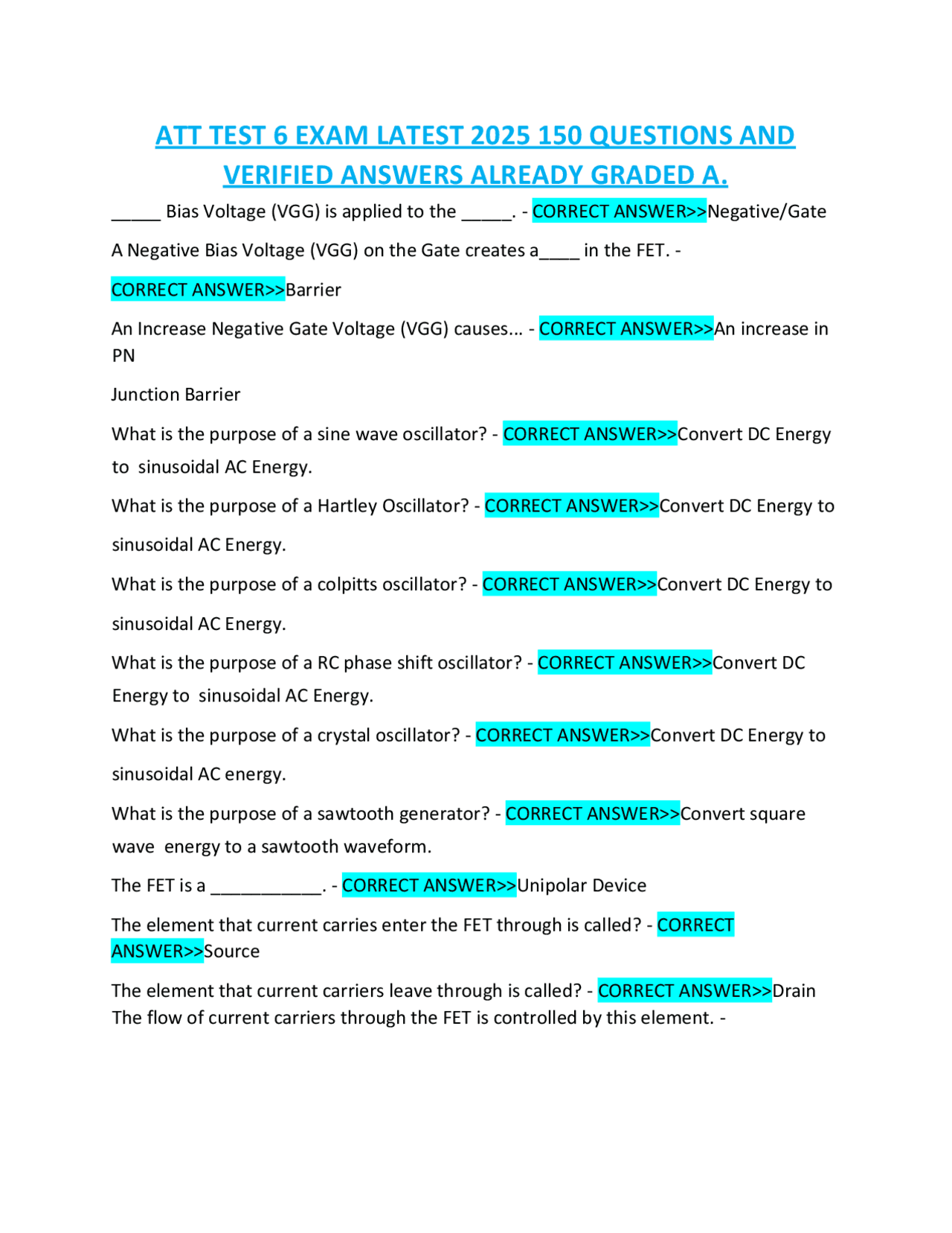 ATT TEST 6 EXAM LATEST 2025 150 QUESTIONS AND VERIFIED ANSWERS ALREADY ...
