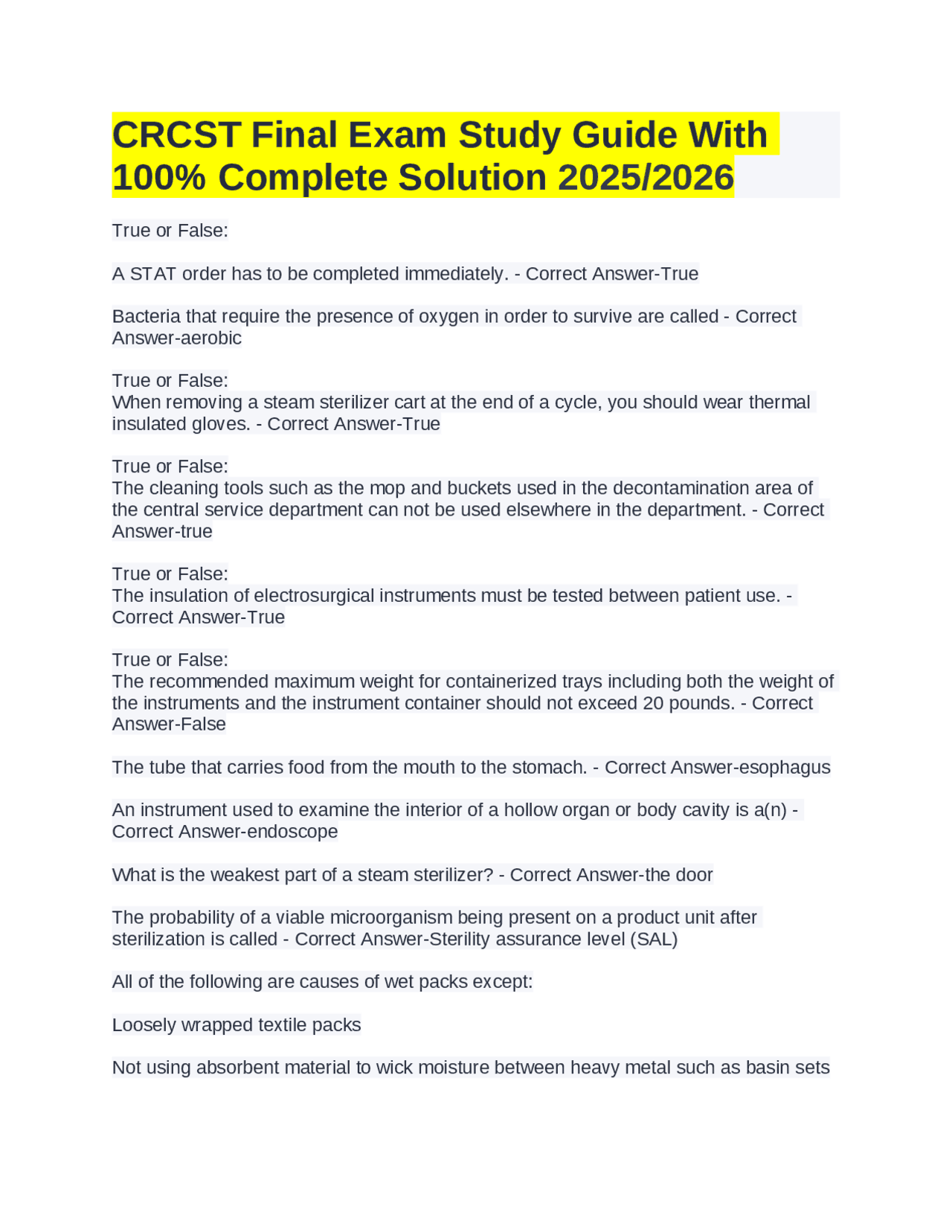 CRCST Final Exam Study Guide With 100% Complete Solution 2025/2026 ...