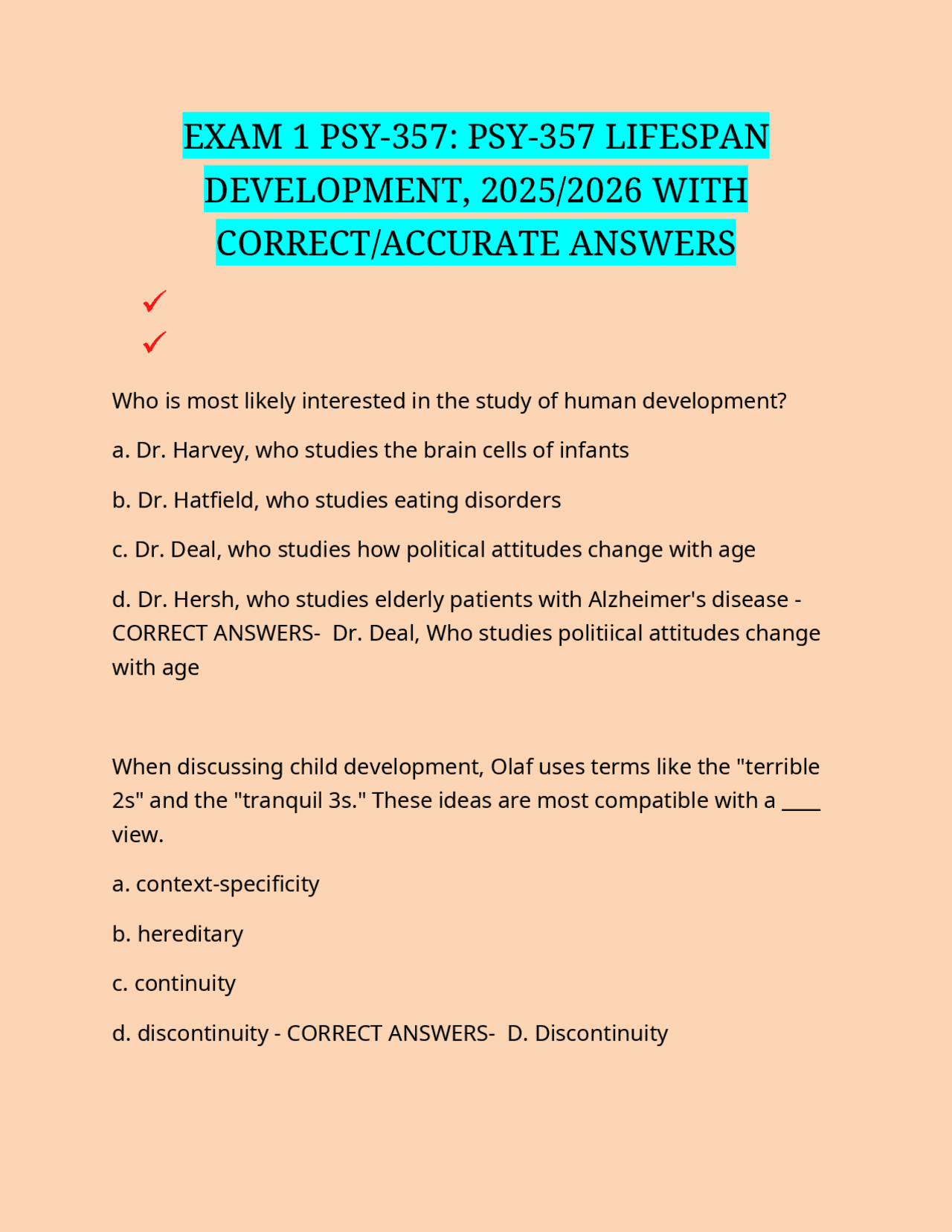 EXAM 1 PSY-357: PSY-357 LIFESPAN DEVELOPMENT, 2025/2026 WITH CORRECT ...