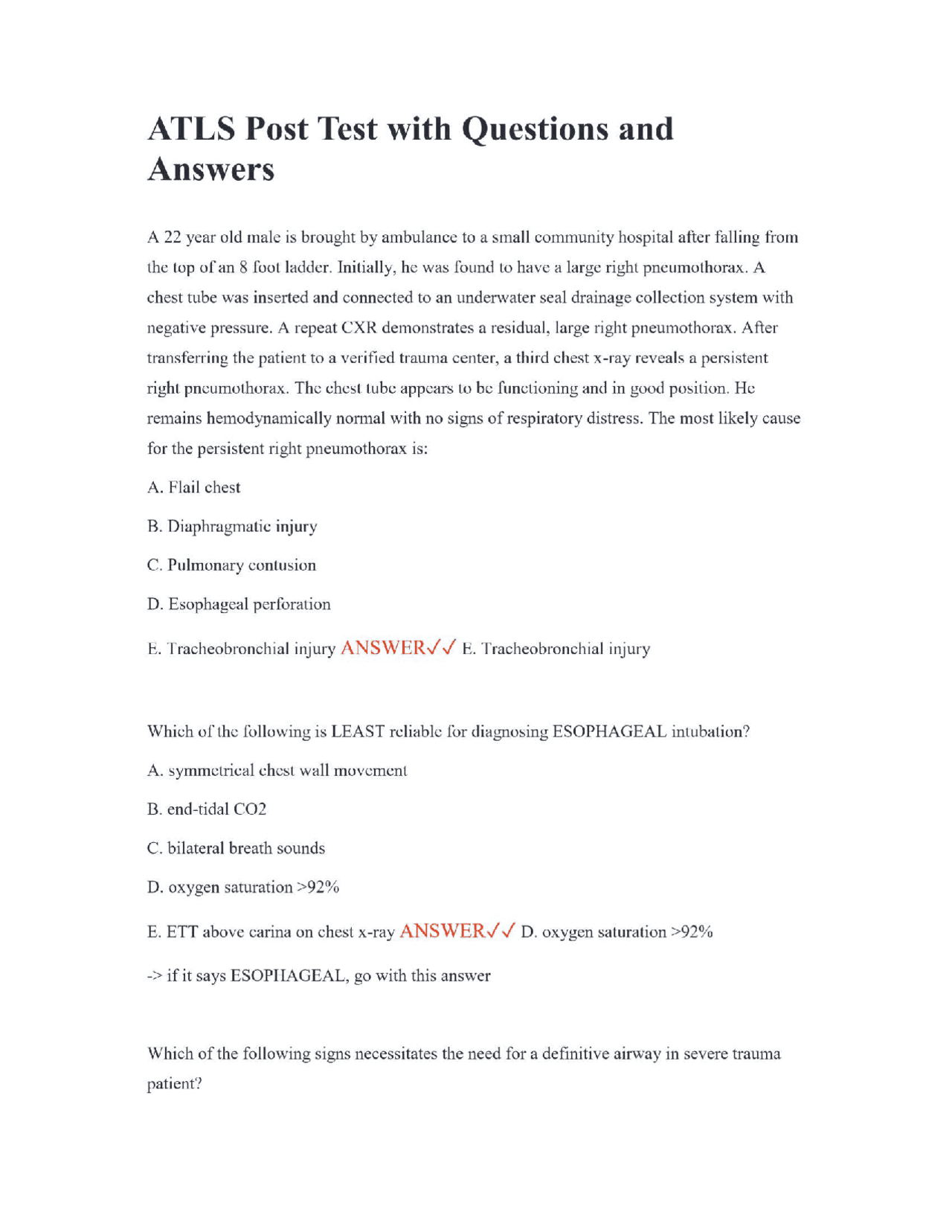 ATLS Post Test with Questions and Answers | Exams Nursing | Docsity
