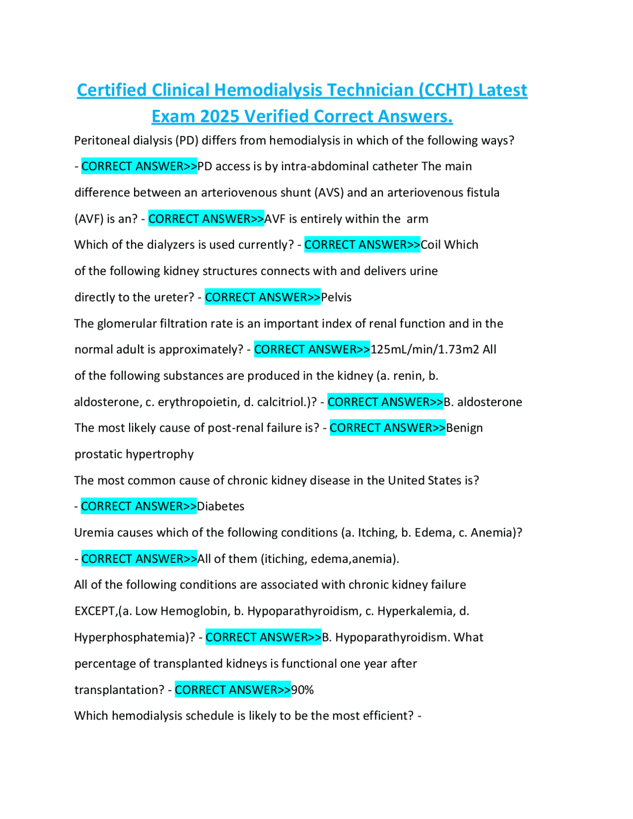 Certified Clinical Hemodialysis Technician (CCHT) Latest Exam 2025 ...