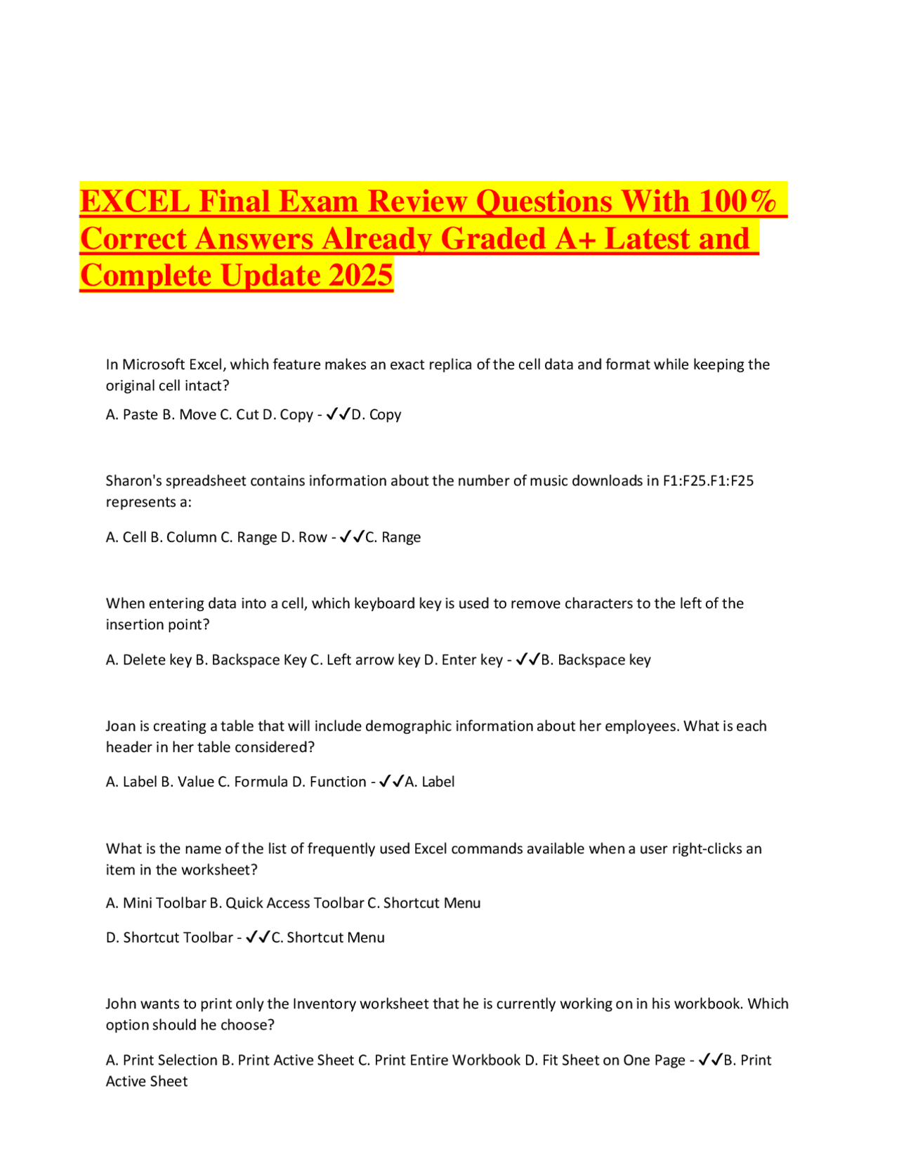 EXCEL Final Exam Review Questions With 100% Correct Answers Already ...