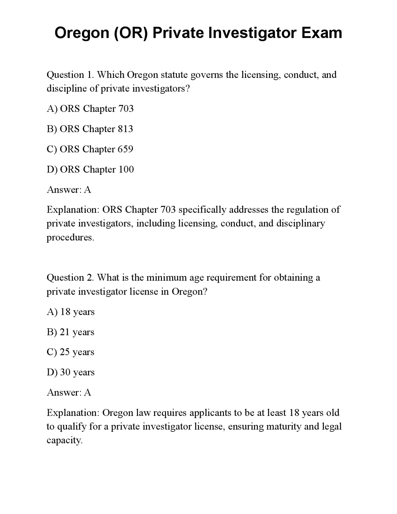 Oregon (OR) Private Investigator Exam | Exams Technology | Docsity