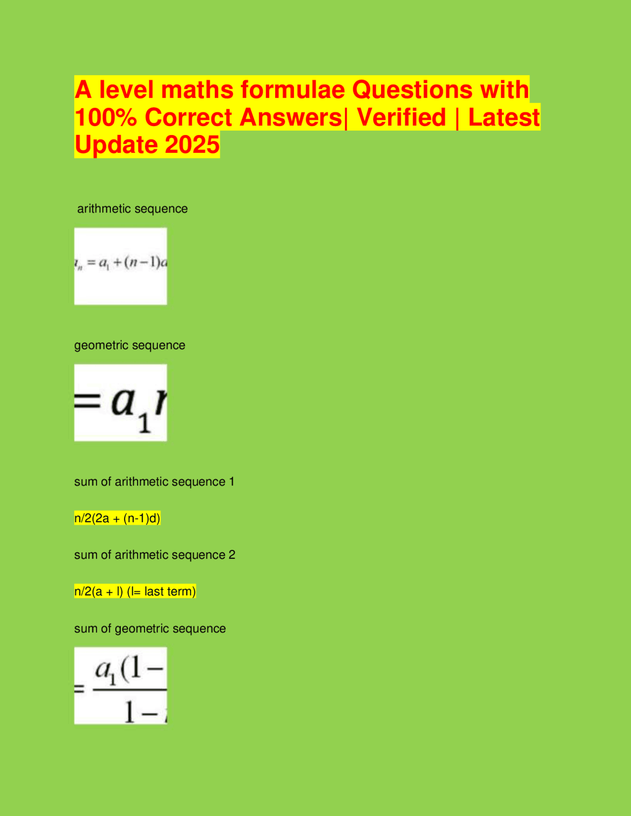 A level maths formulae Questions with 100% Correct Answers| Verified ...