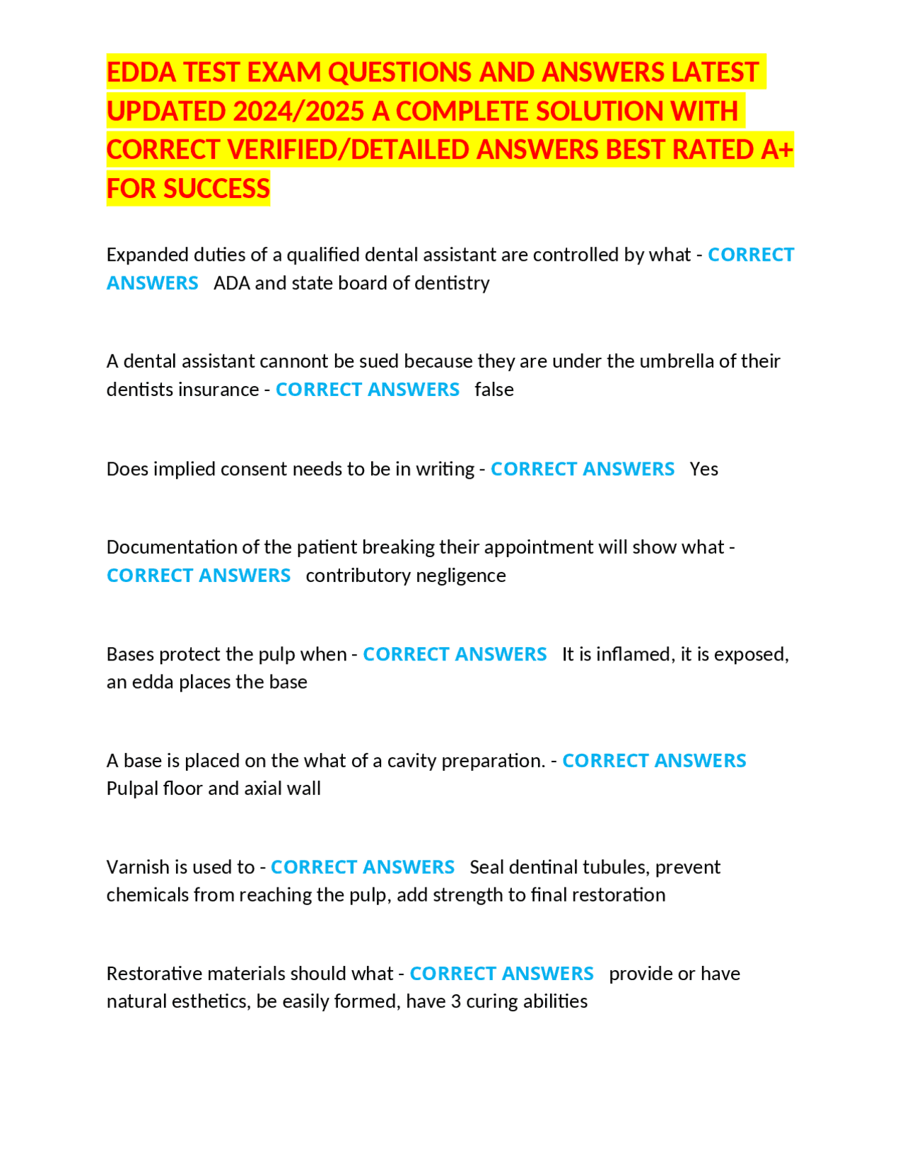 EDDA TEST EXAM QUESTIONS AND ANSWERS LATEST UPDATED 2024/2025 A ...