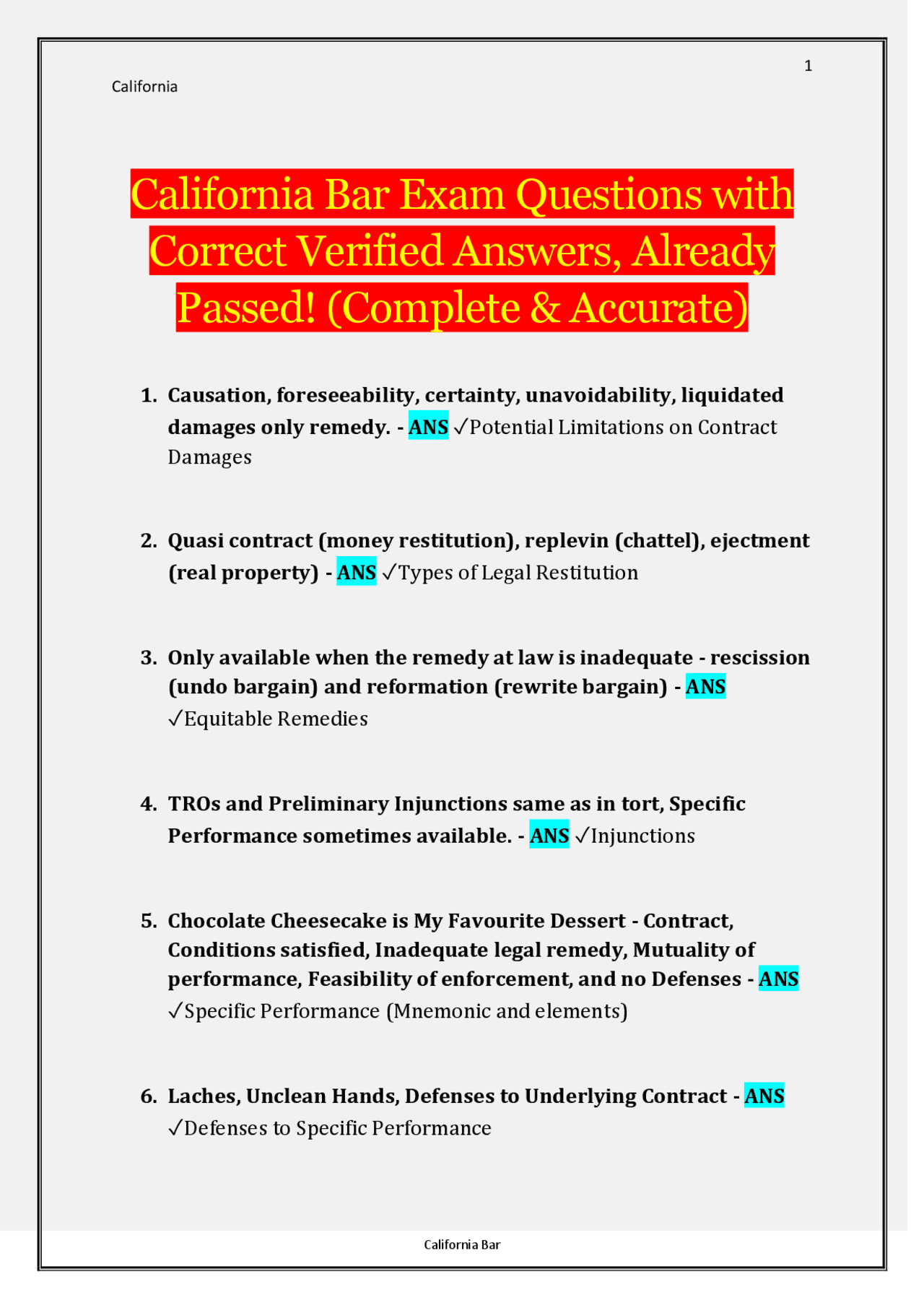 California Bar Exam Questions with Correct Verified Answers, Already ...